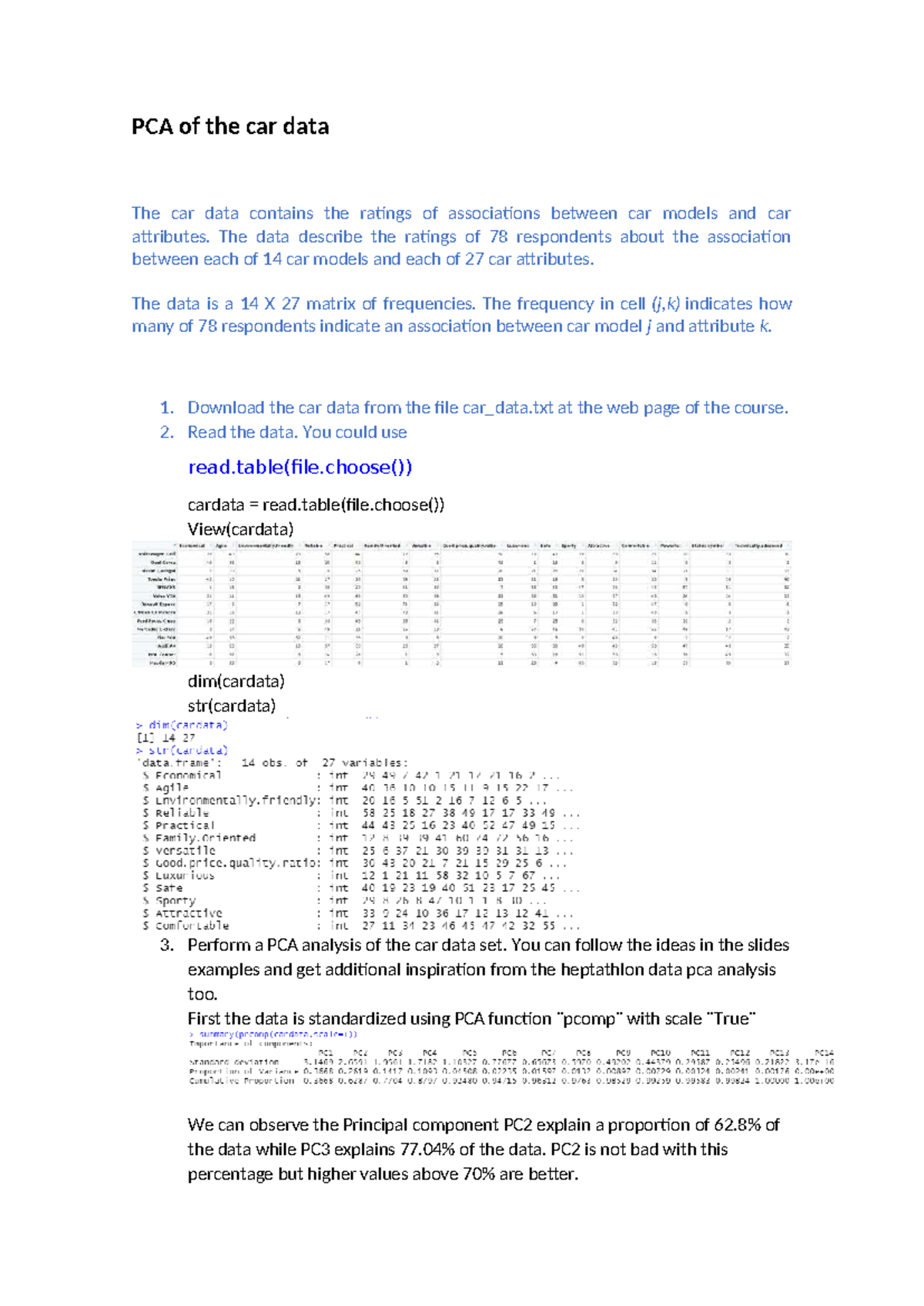 PCA Analysis of Car Data (Course Code: MIPALO) - Studocu