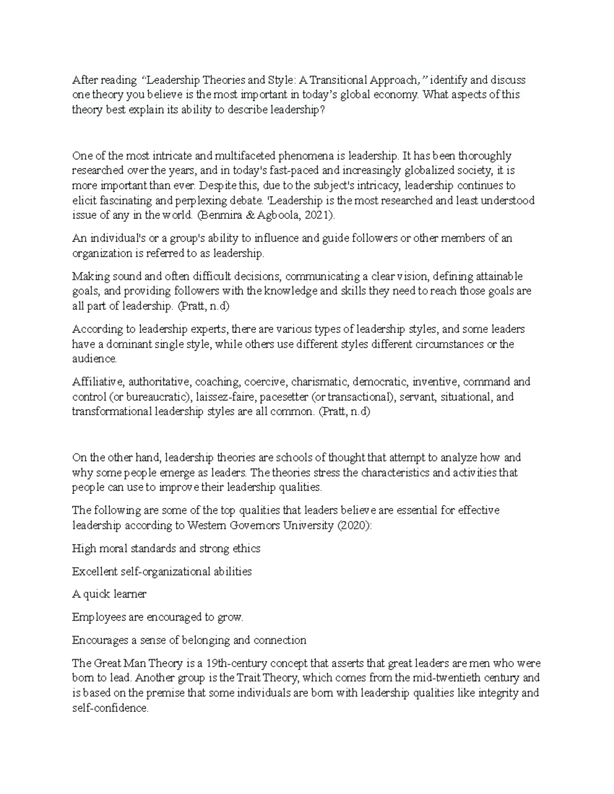 D.A Unit 1 - Leadership Theories and Style: A Transitional Approach ...