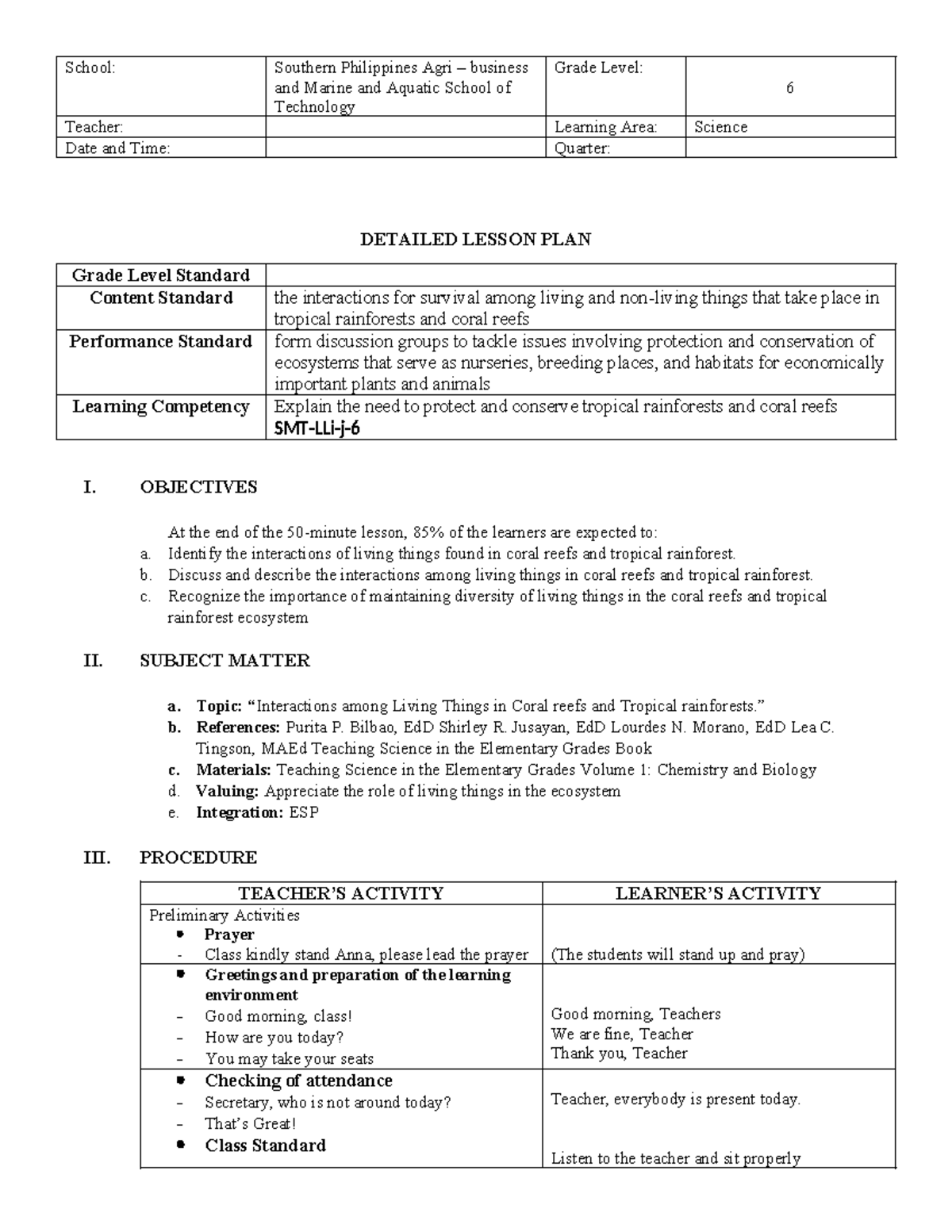 Group LP - Detailed Lesson Plan on Ecosystems: Coral Reefs ...