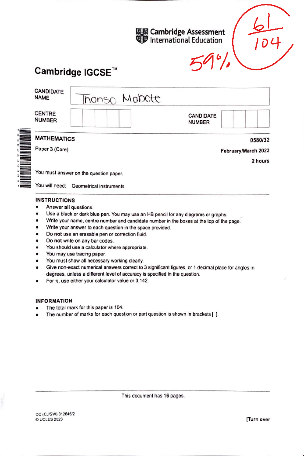 Igcse Maths CORE Paper 2 MOCK EXAM Marked - BEDMS1 - Studocu