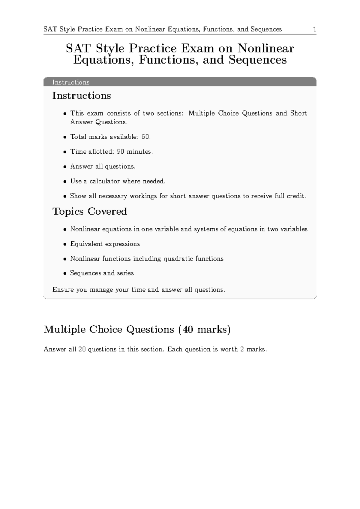 SAT MATH - SAT Style Practice Exam on Nonlinear Equations - Studocu