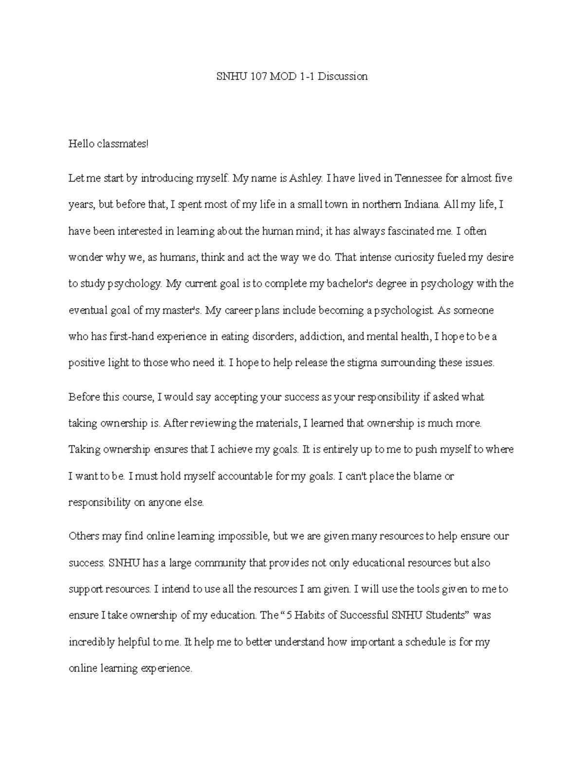 SNHU 107 4-2 Journal - Ashley Welch SNHU 107 Module 4- SNHU 107 Module ...