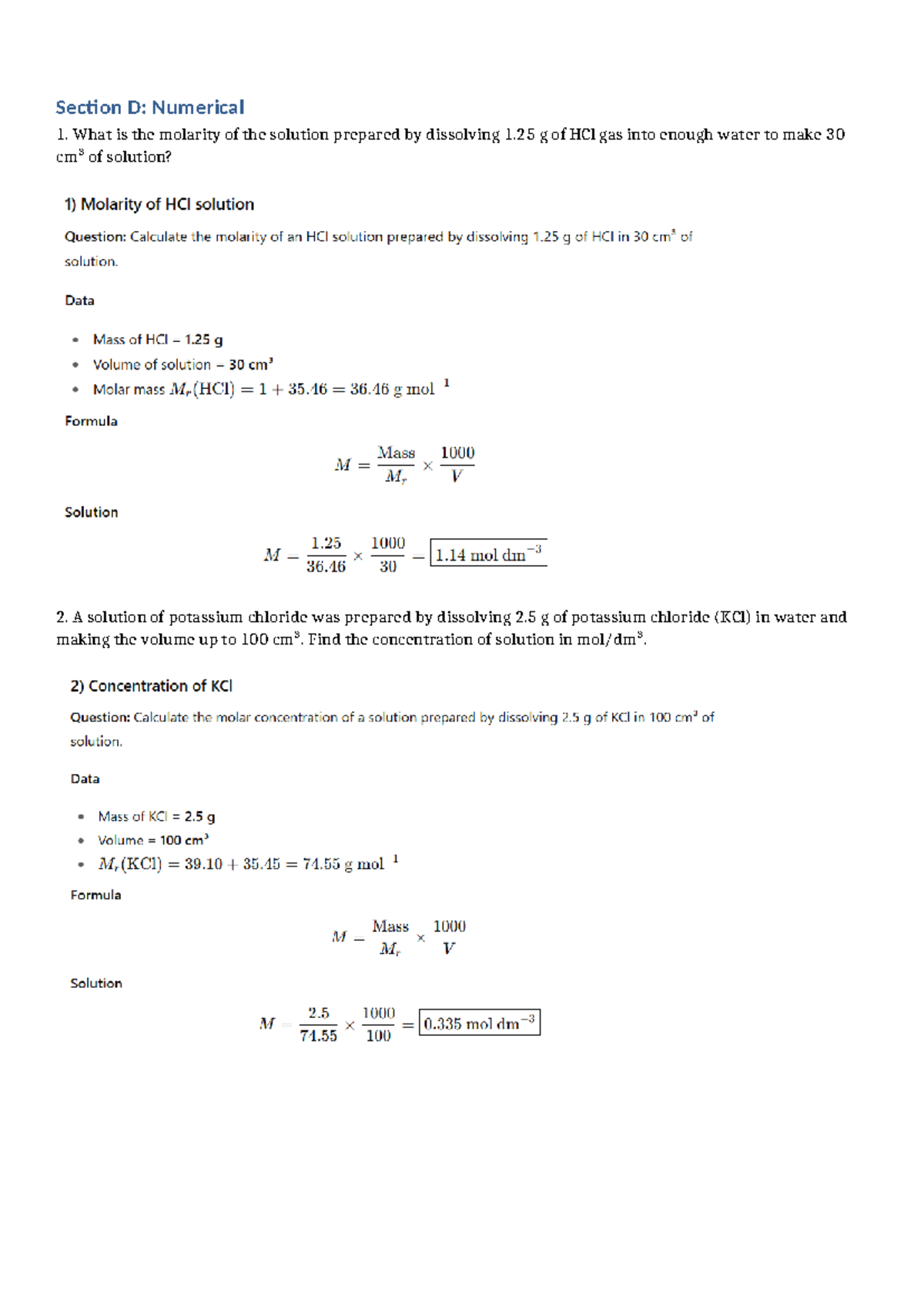 Unit 6: Solved Numerical Problems on Molarity and Concentration - Studocu