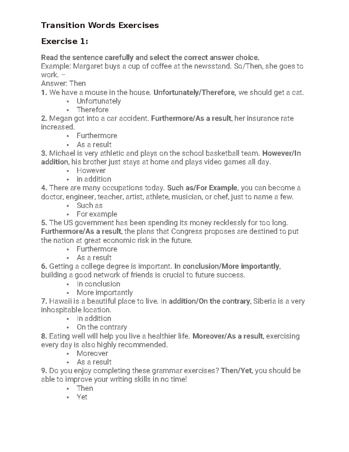 Transition Words Exercises - Transition Words Exercises Exercise 1 ...