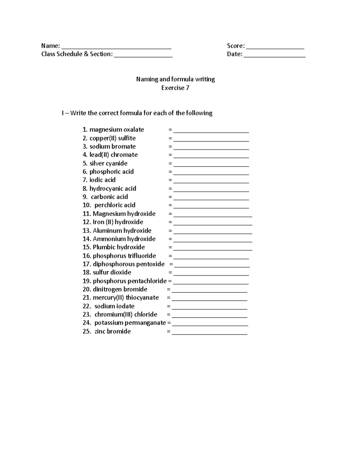 EX-7: Naming & Formula Writing Exercise for Chemistry Class - Studocu