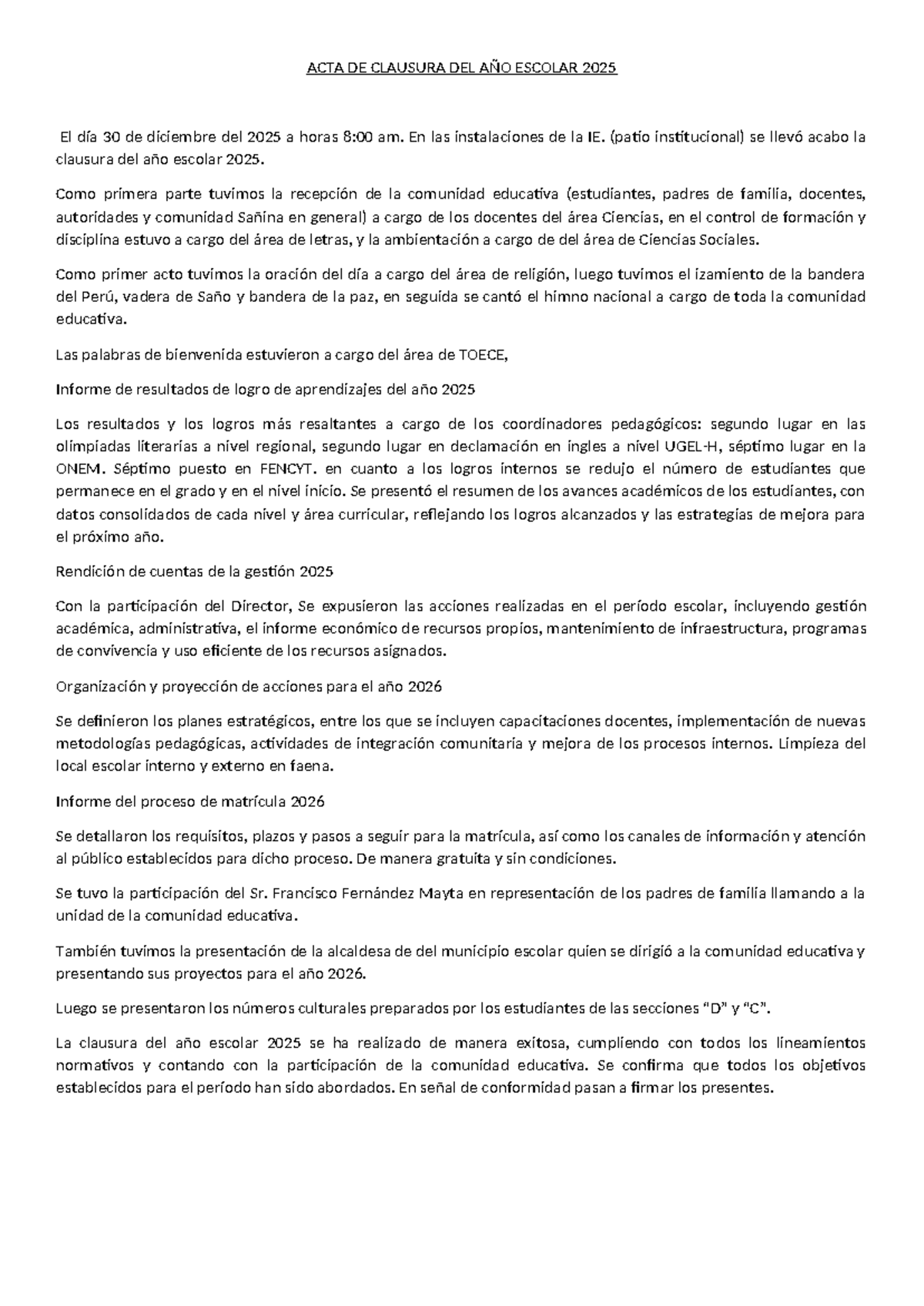 ACTA DE CLAUSURA DEL AÑO ESCOLAR 2025 - Resumen y Logros - Studocu