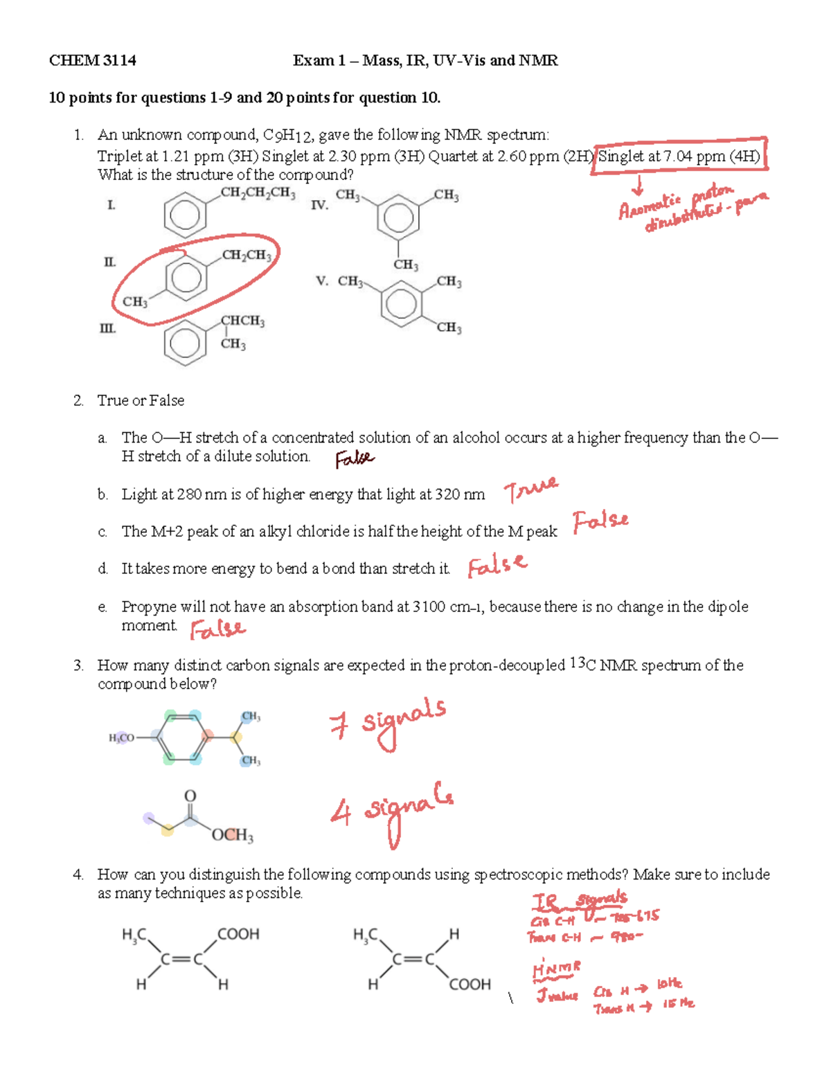 Ochem 2 practice exam 2 spectroscopy - CHEM 3114 Exam 1 – Mass, IR, UV-Vis and NMR 10 points for ...