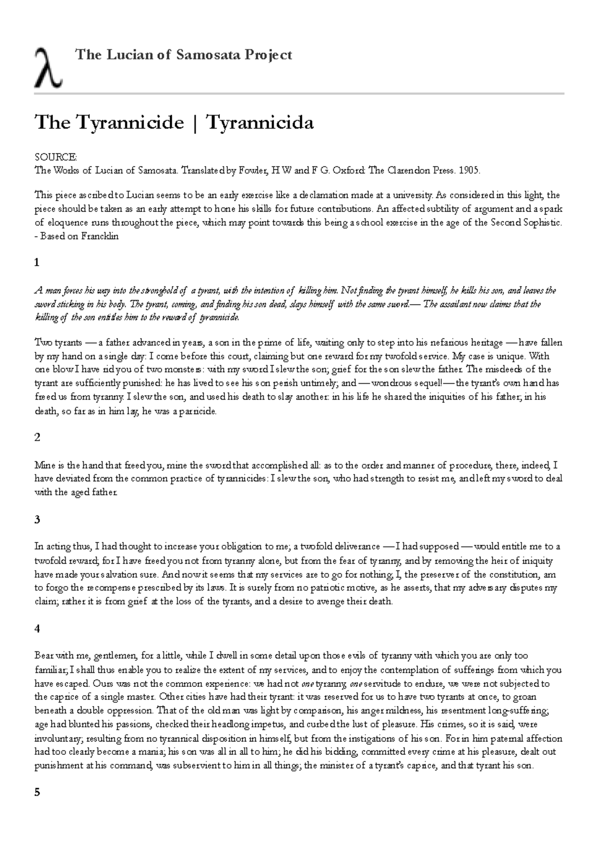 The Tyrannicide Tyrannicida: Analyzing Lucian of Samosata's Work - Studocu
