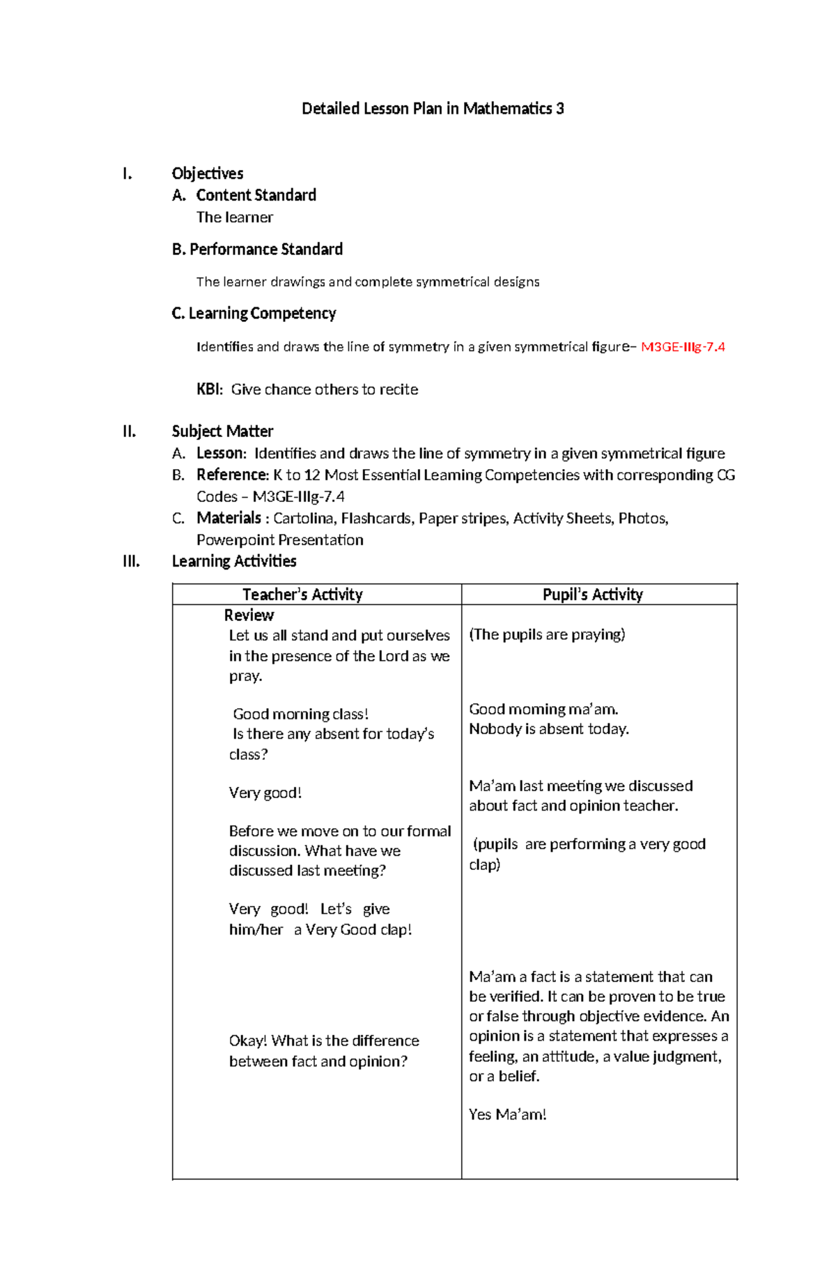 MATH 3 - Lesson Plan on Line of Symmetry (Week 7) - Studocu