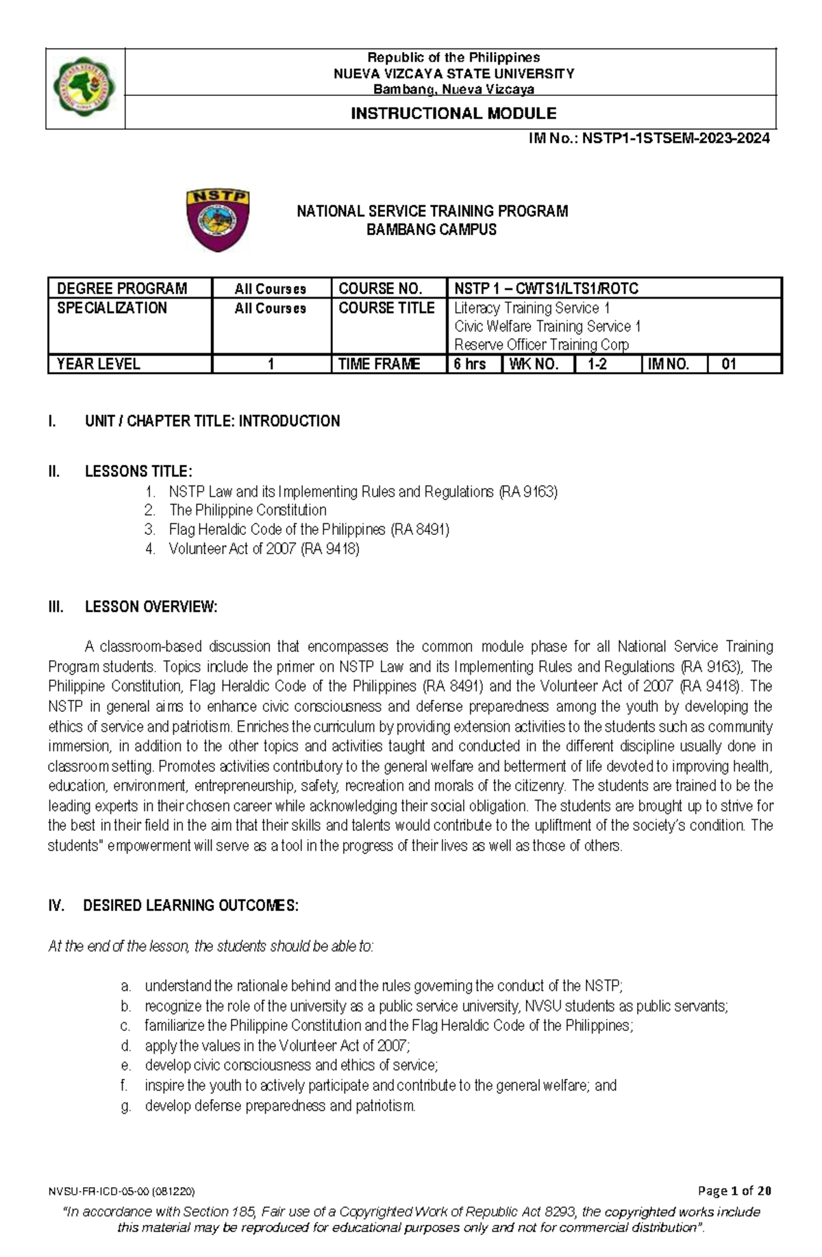 NSTP Module 1: Introduction to National Service Training Program (2023 ...
