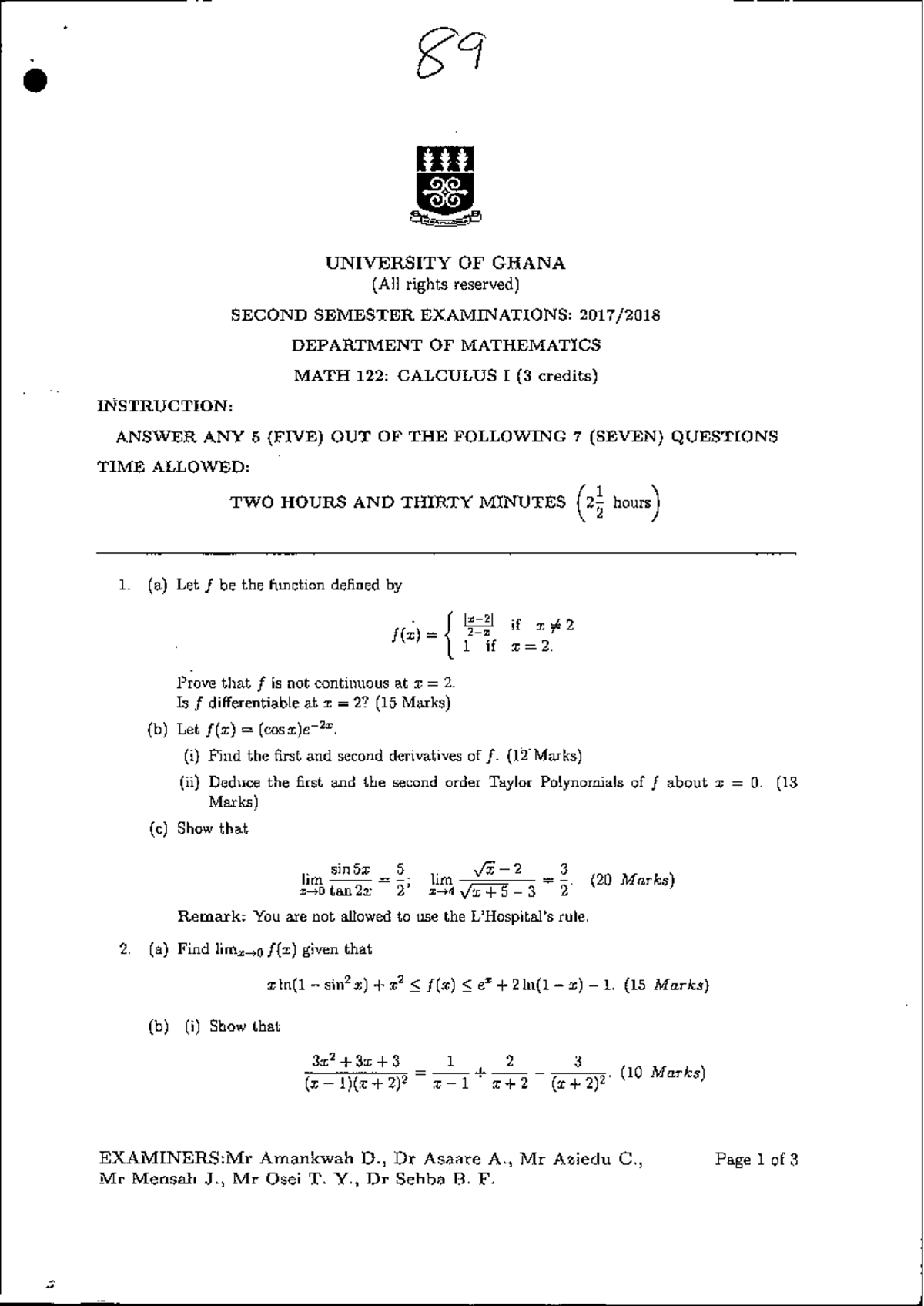 Math 122: Calculus I - Past Exam Questions and Solutions - Studocu
