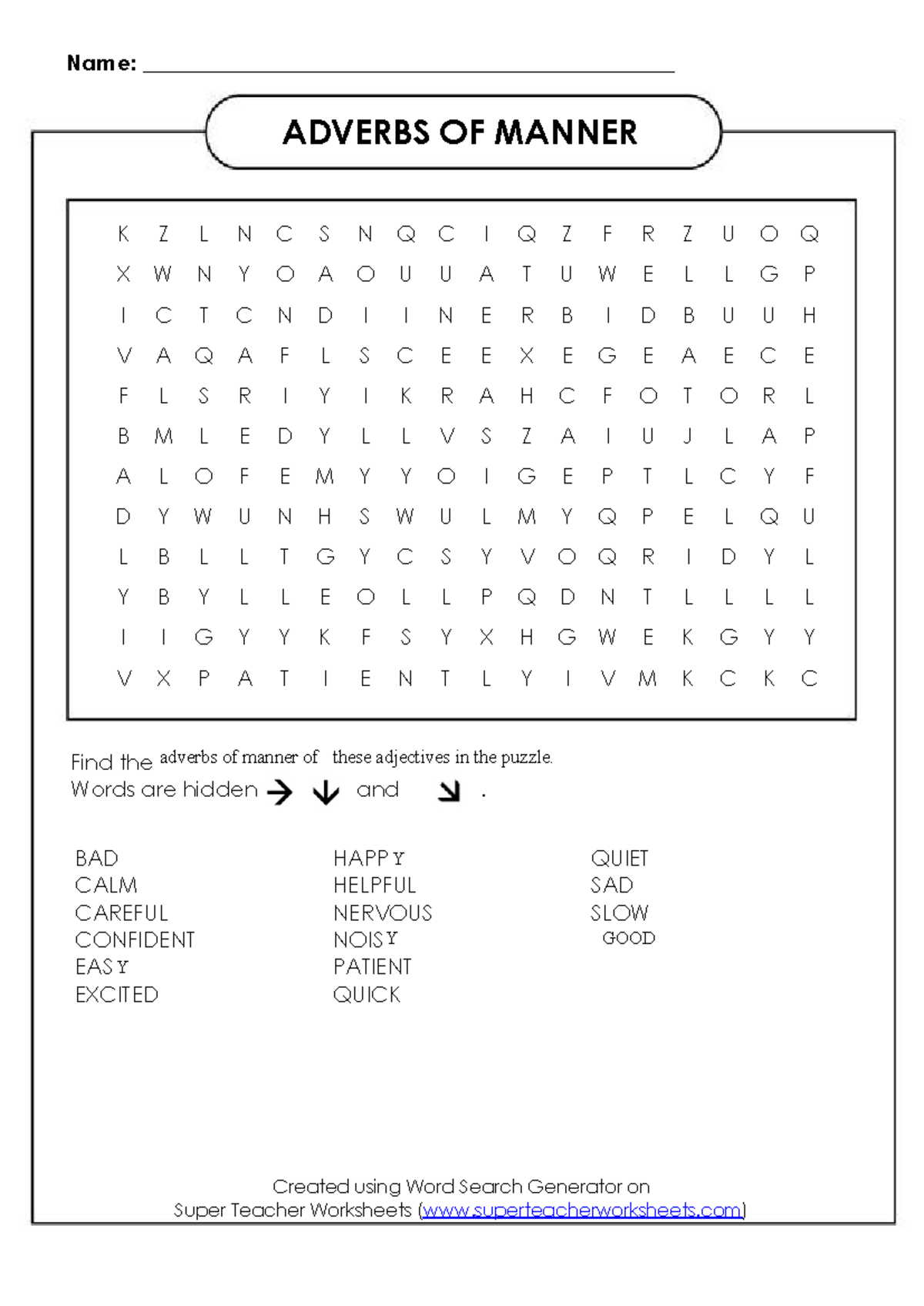 Wordsearch Adverbs OF Manner - Name ...