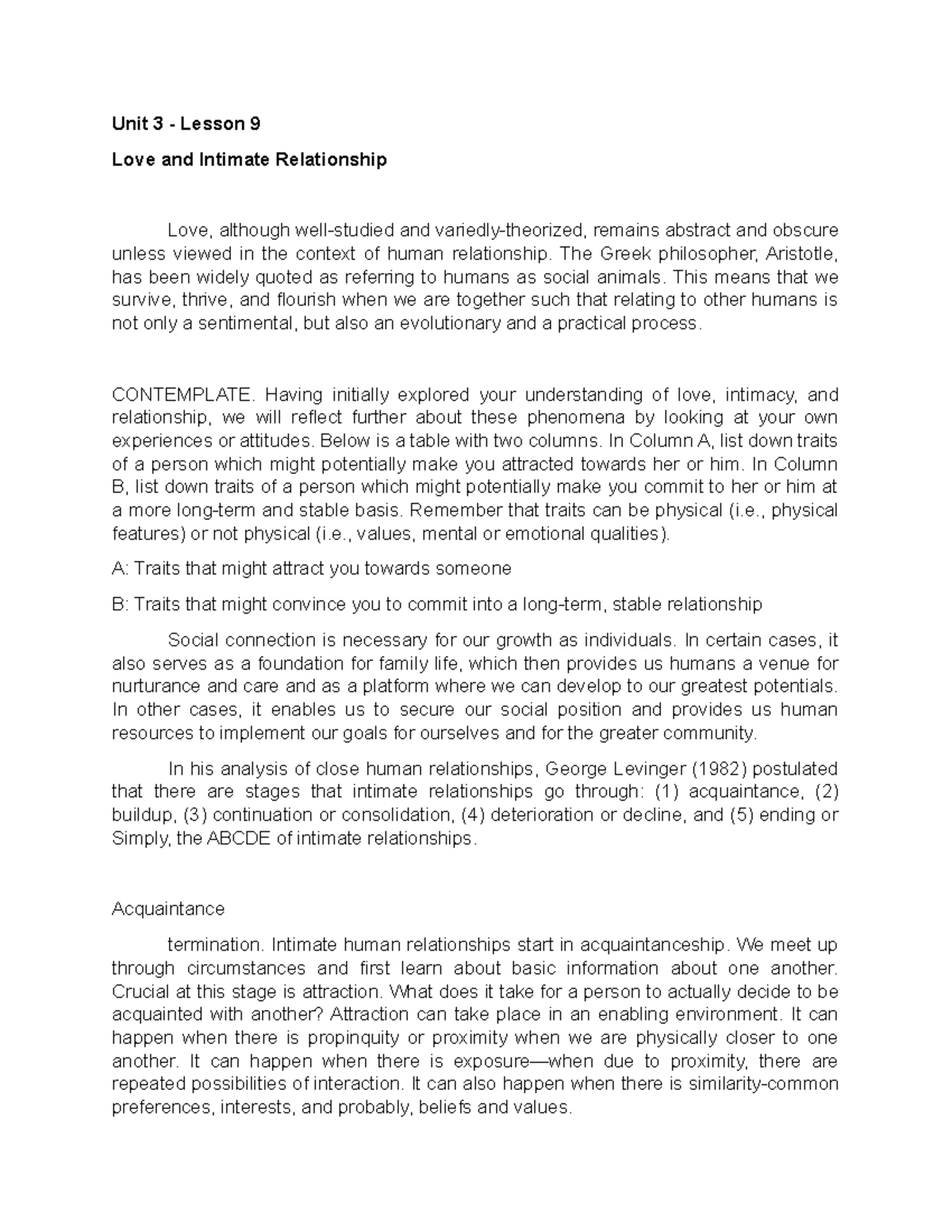 Unit 3 - Lesson 9: Exploring Love and Intimate Relationships - Studocu