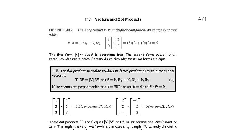 471 CH11 Part 03 - Vectors and Dot Products Summary - Studocu