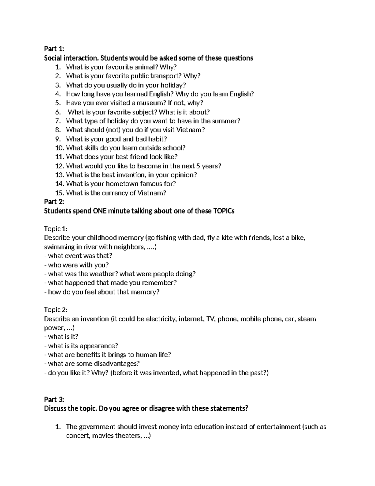 Speaking A2.2 ĐHBK: Social Interaction Questions and Topics - Studocu