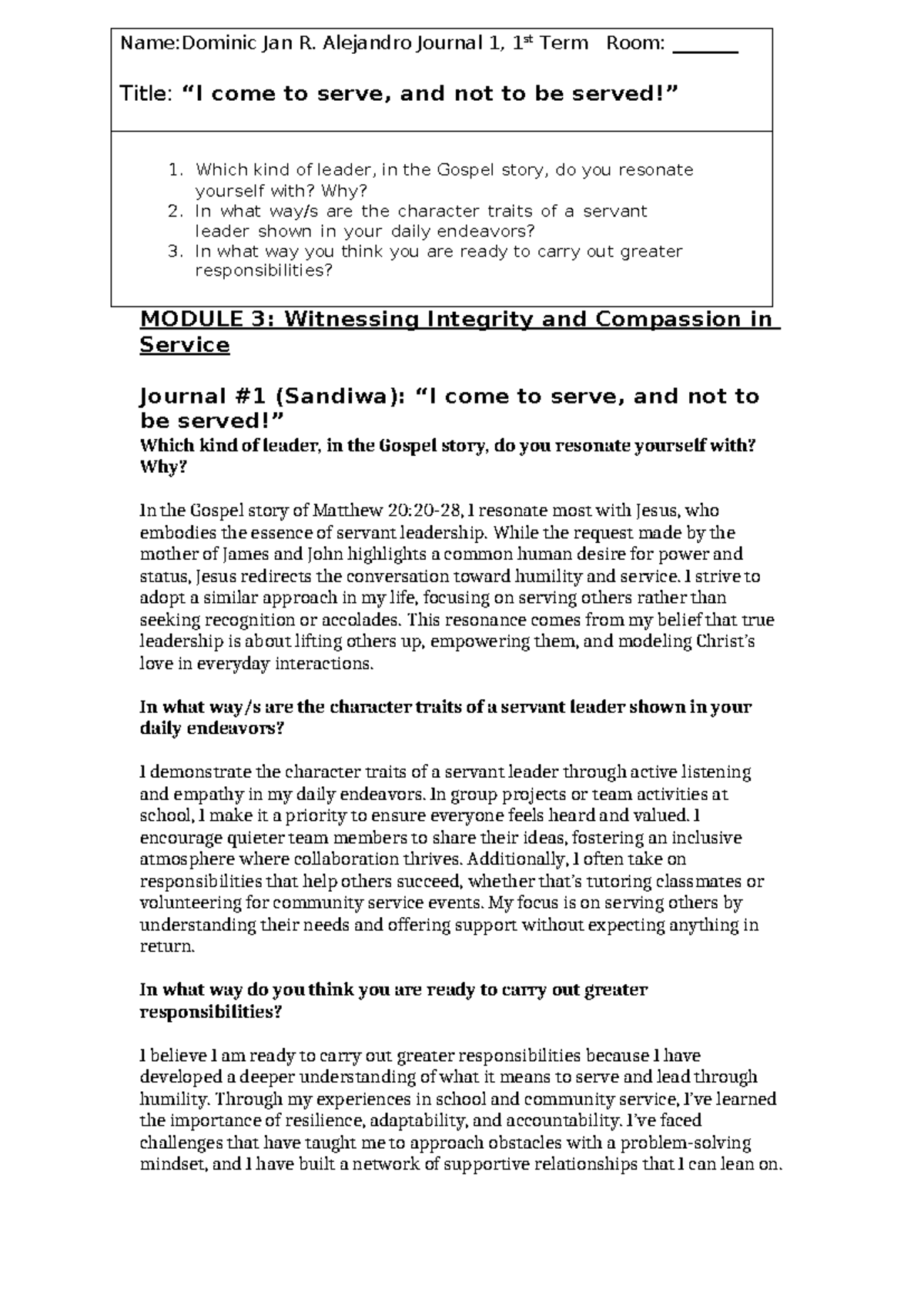 MODULE 3: Witnessing Integrity and Compassion in Service Journal - Studocu