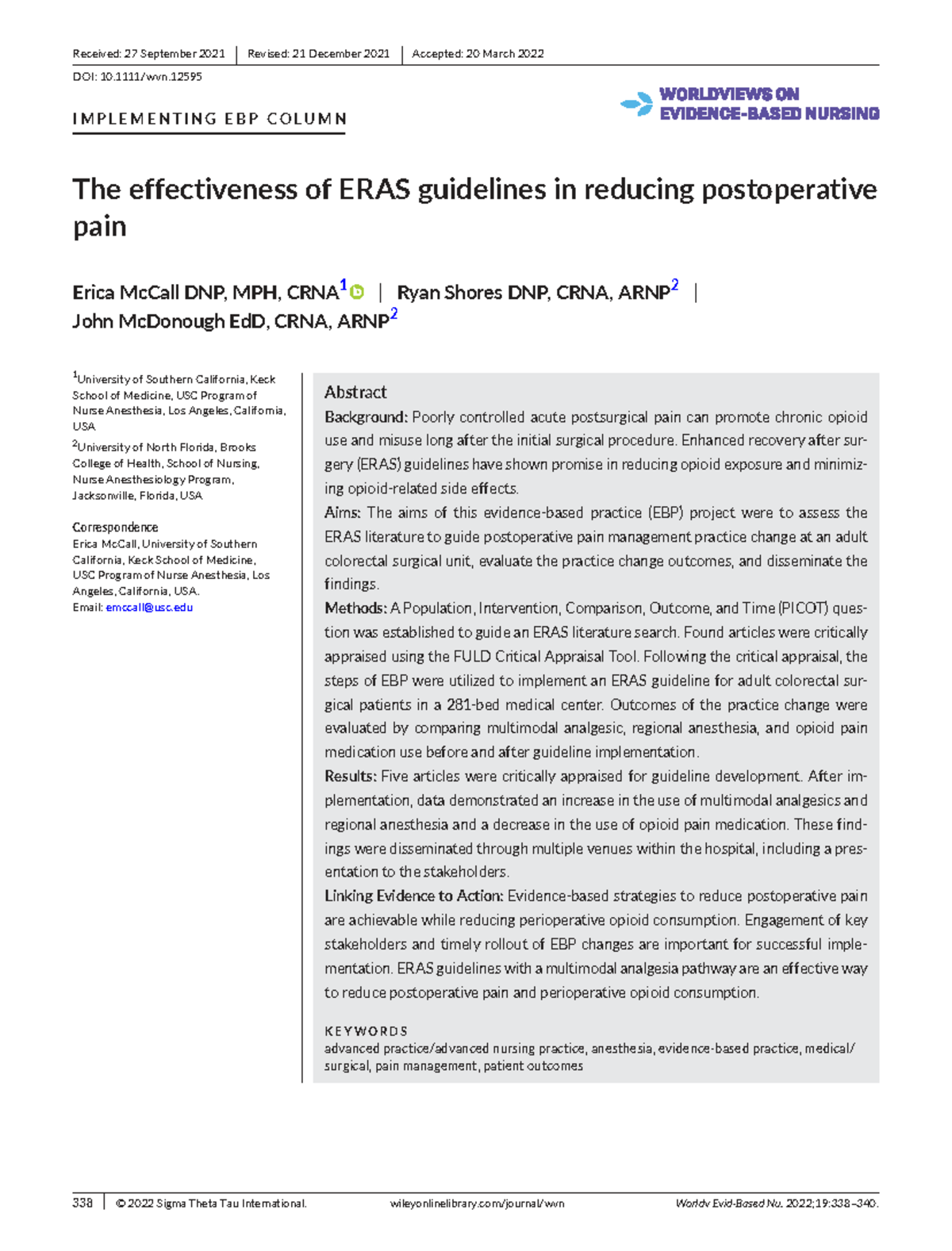ERAS Guidelines for Postoperative Pain Management: An EBP Study - Studocu