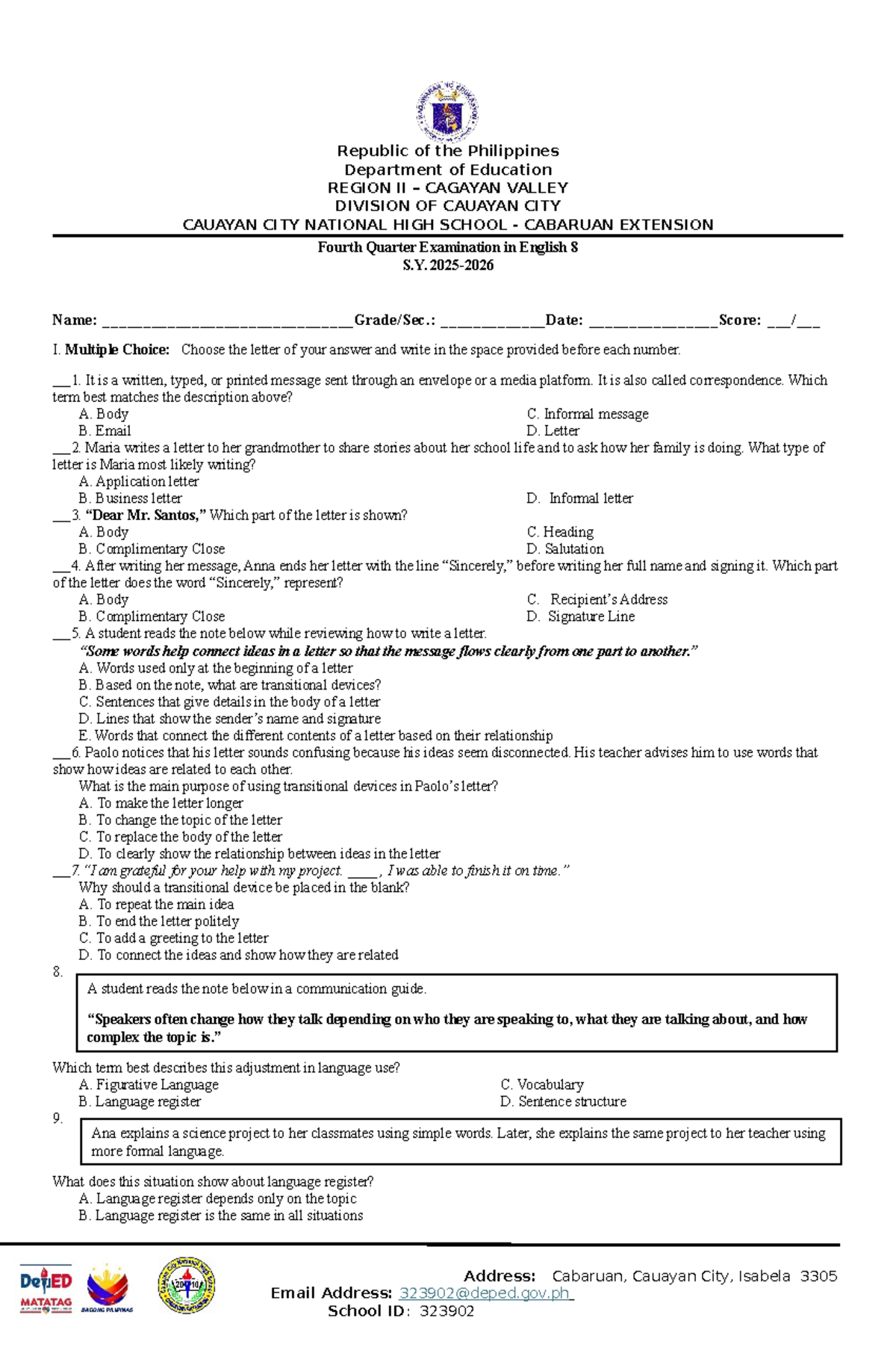 4th Quarter Exam in English 8 - Summative Test - Studocu