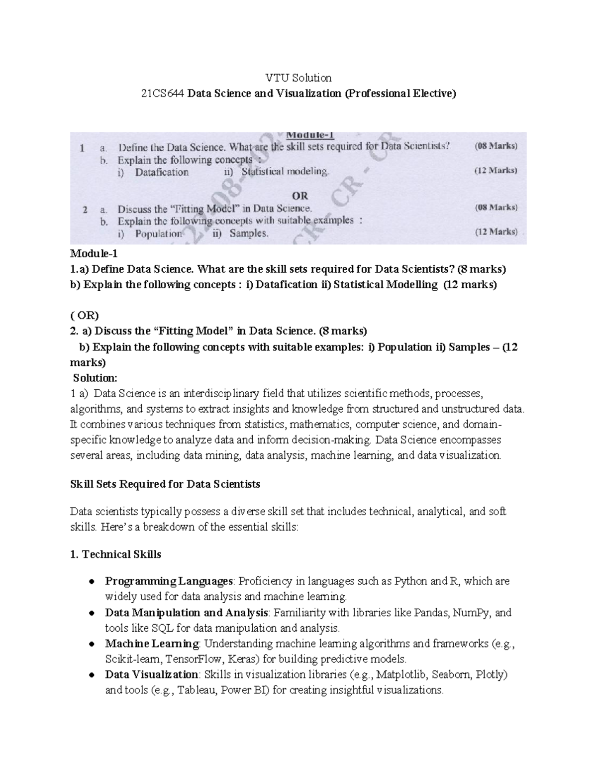 VTU 21CS644 Data Science & Visualization Exam QP with Solutions Aug 2024 - Studocu