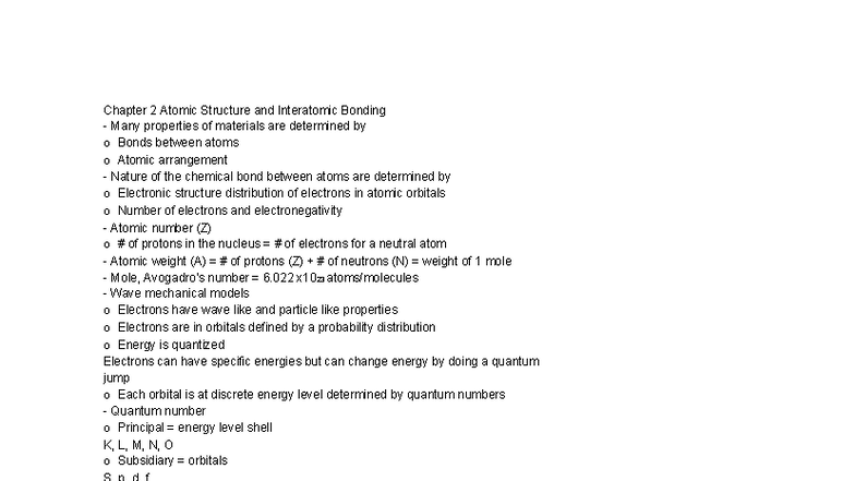 MS Chapter 2 - Atomic Structure & Interatomic Bonding Notes - Studocu