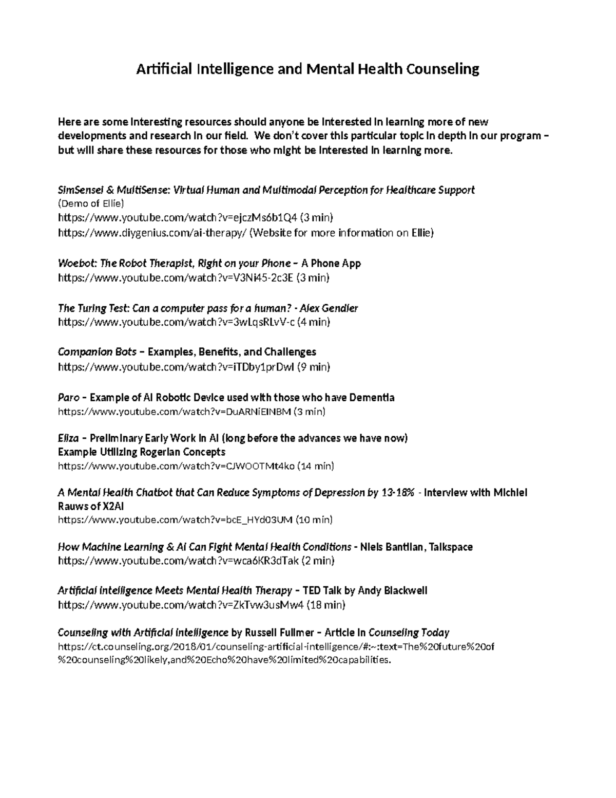 AI & Mental Health Counseling - Resource Handout for Students - Studocu