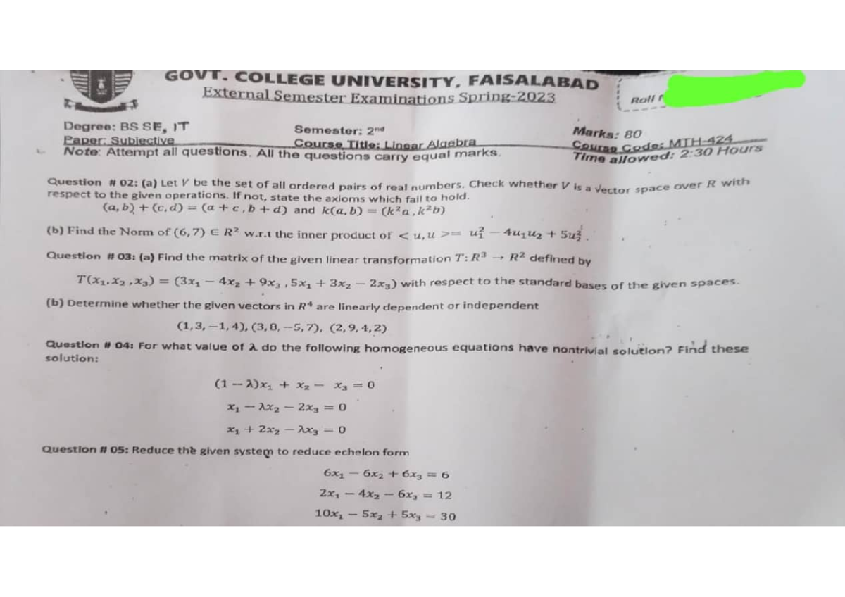 BS SE, IT 2nd Sem: Linear Algebra Exam Paper - 80 Marks - Studocu