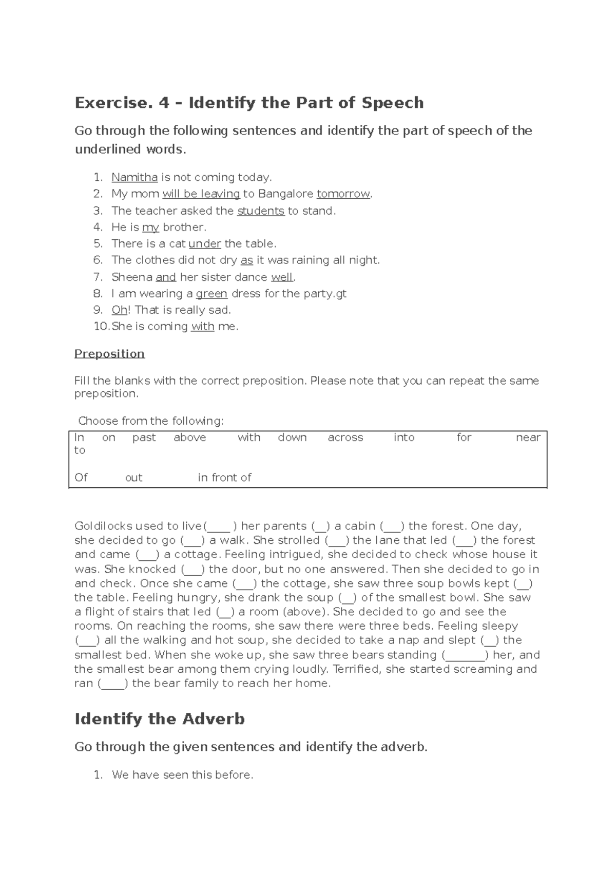 Part of Speech Exercise: Identifying Nouns, Verbs, Adjectives, and ...