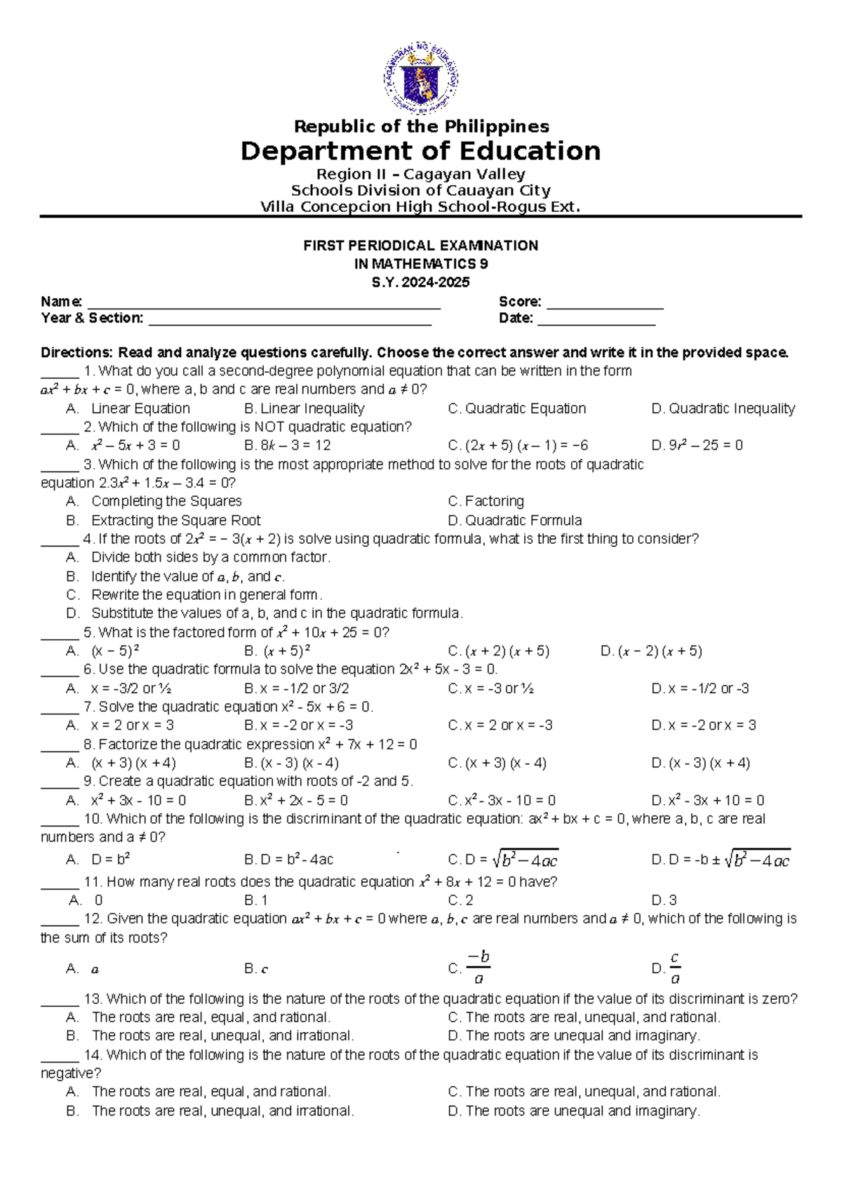 First Periodical Exam - Lesson Plans for Math 9, TLE 10 & Edukasyon 10 ...