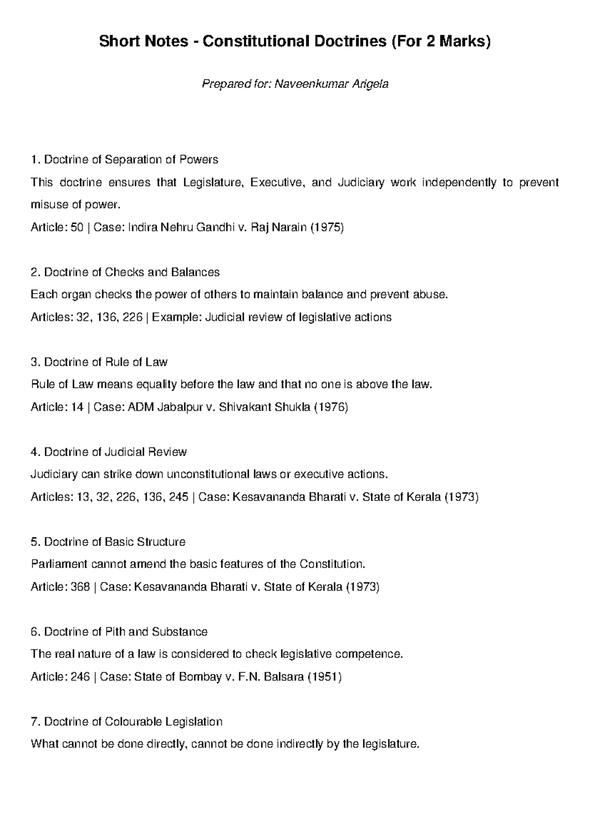 Short Notes on Constitutional Doctrines (2 Marks) - Studocu