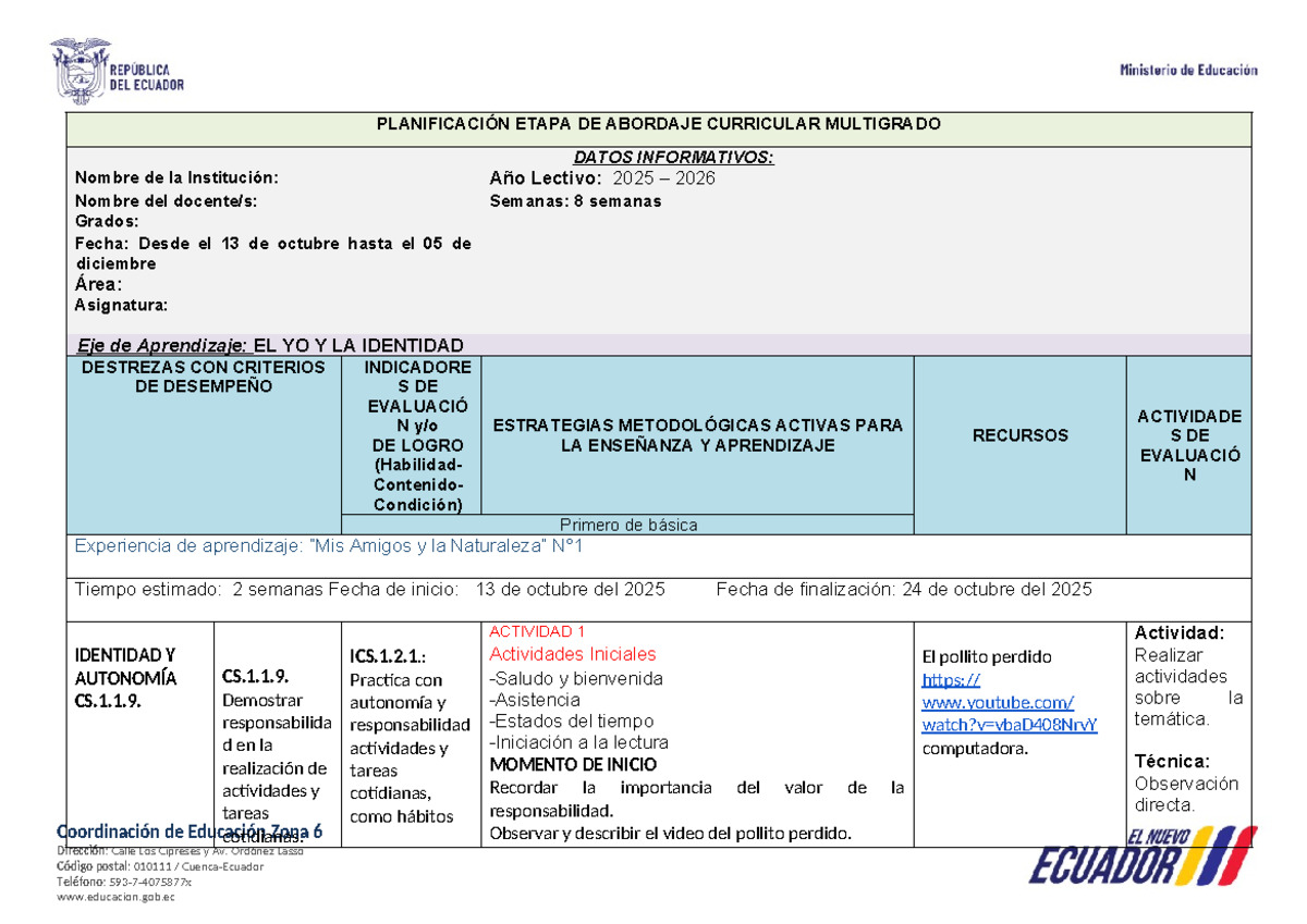 Planificación Curricular Multigrado: Primer Grado - 2025-2026 - Studocu