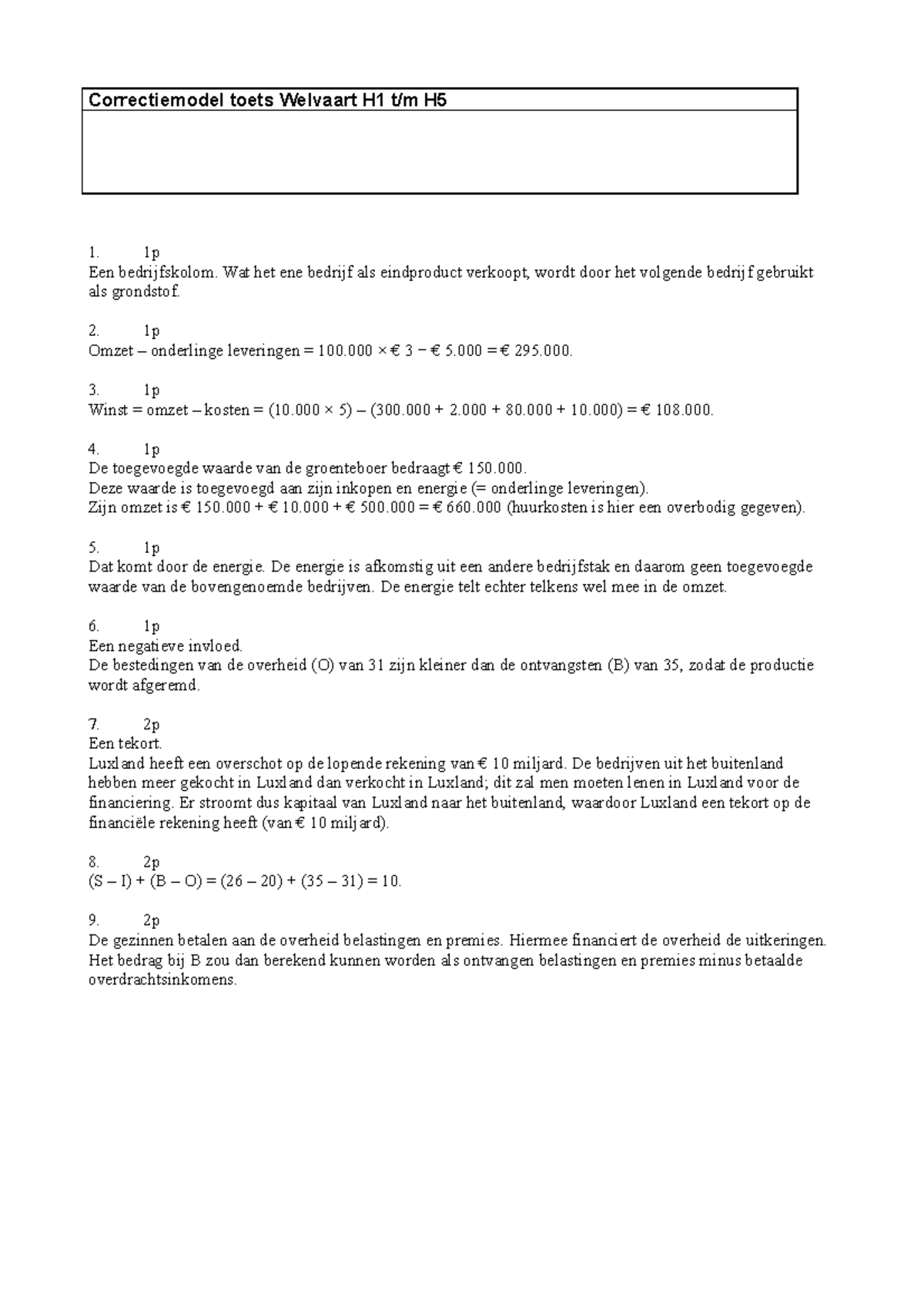 Correctiemodel Toets Welvaart H1 t/m H: Samenvatting en Analyse - Studeersnel