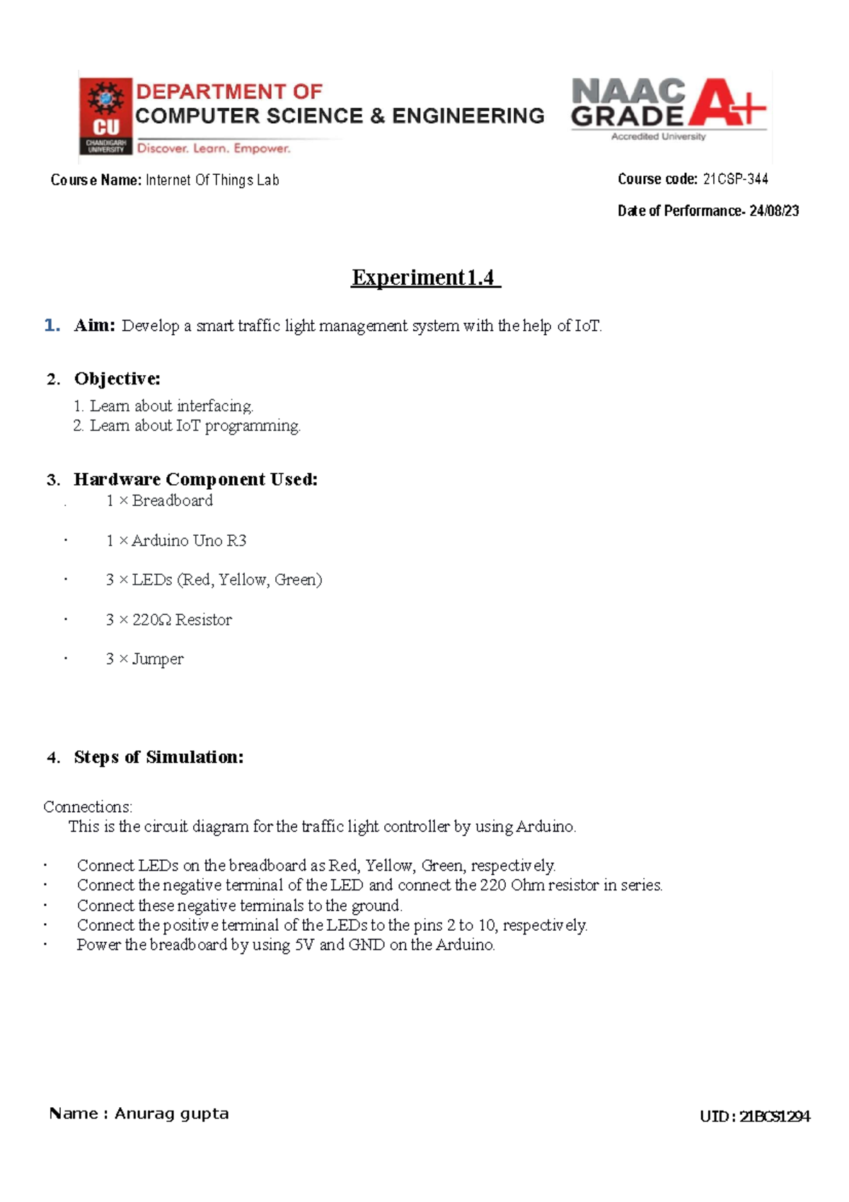 21BCS1294 IOT-4 Smart Traffic Light System Experiment Report - Studocu