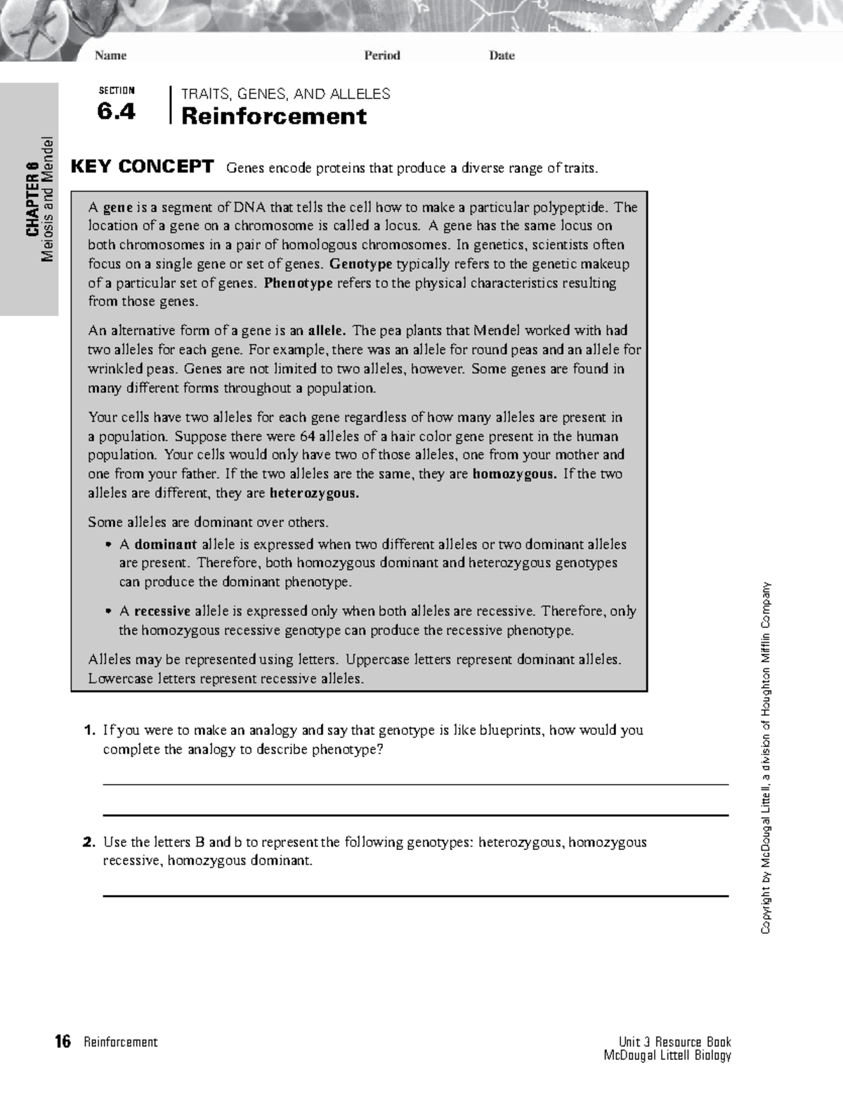 364 reinforcement - SECTION 6. TRAITS, GENES, AND ALLELES Reinforcement ...