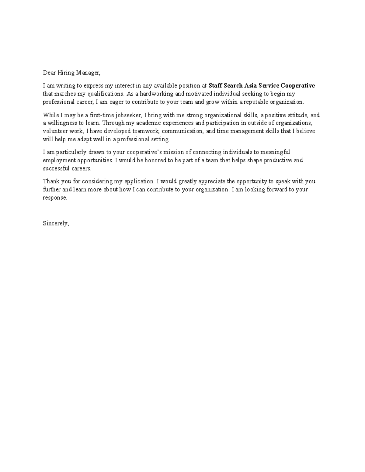 Application for Position at Staff Search Asia Service Cooperative - Studocu