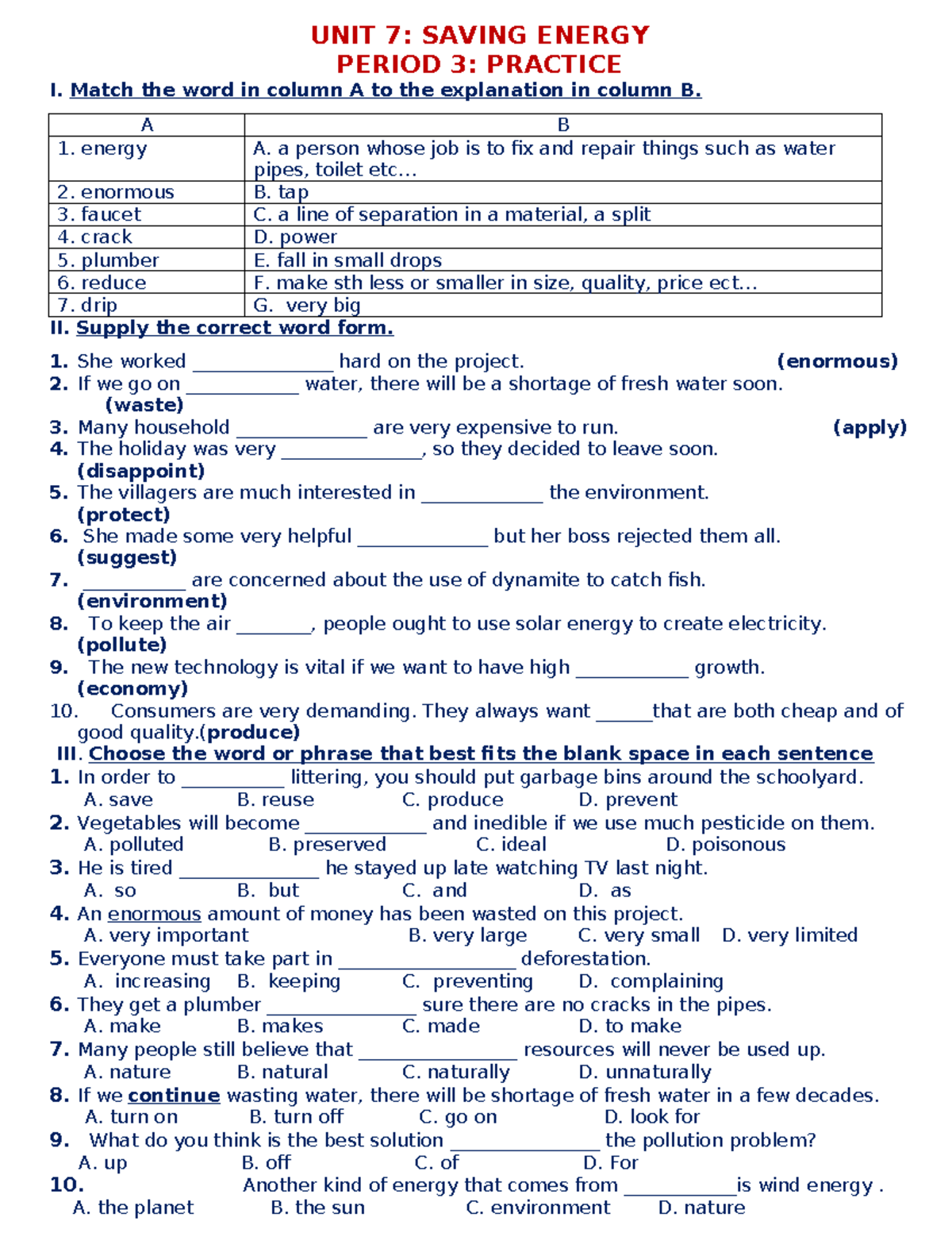 UNIT 7: ENERGY SAVING PRACTICE & EXERCISES - Studocu