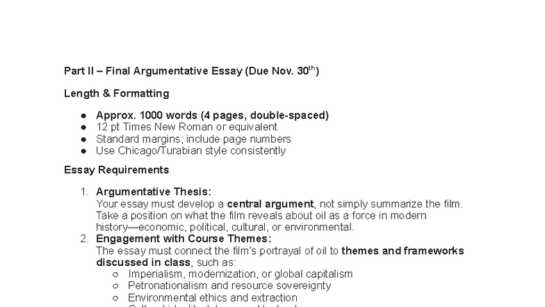 Part II Final Argumentative Essay Outline (Due Nov. 30th) - Studocu