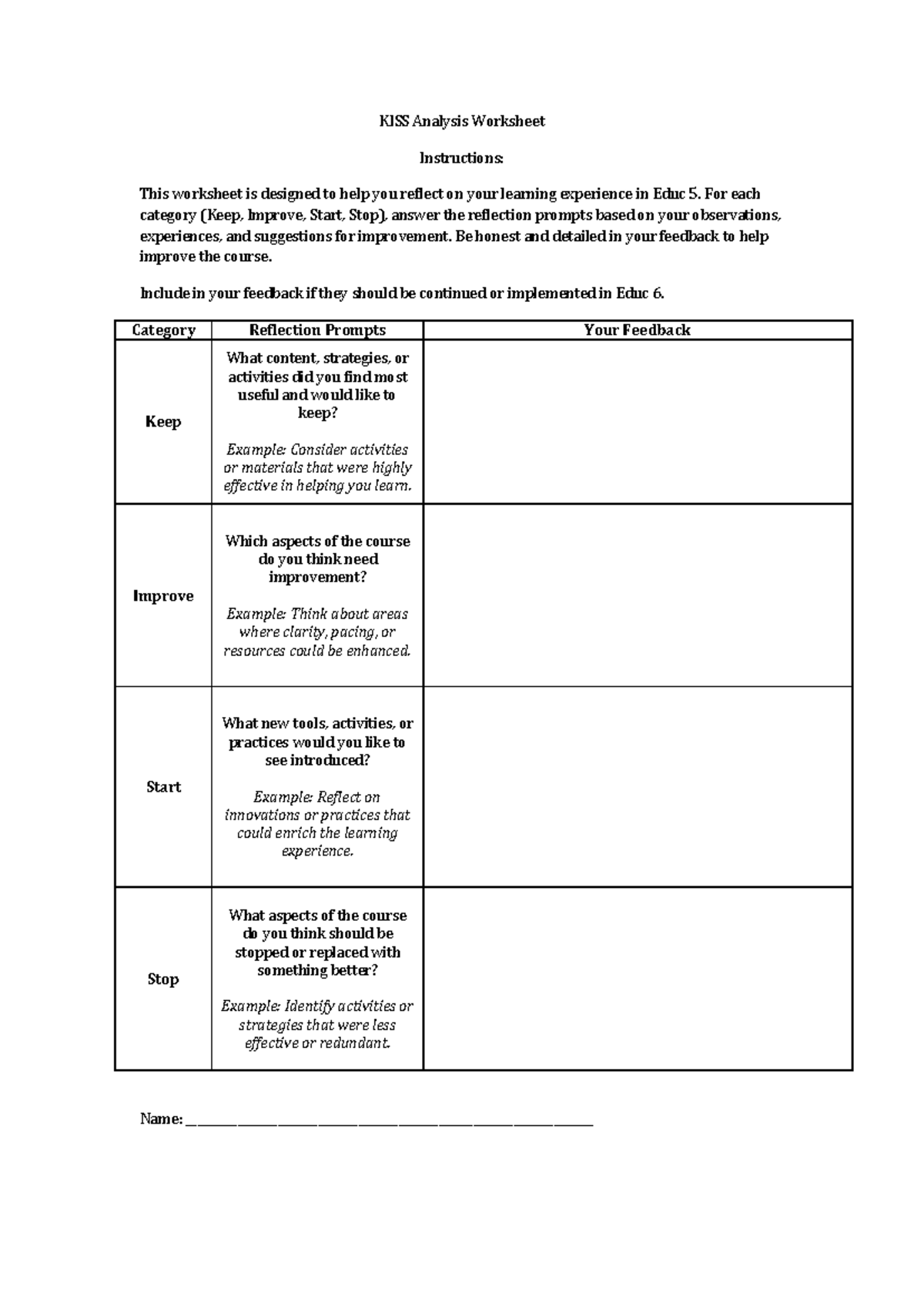 KISS Analysis Student Worksheet - KISS Analysis Worksheet Instructions ...