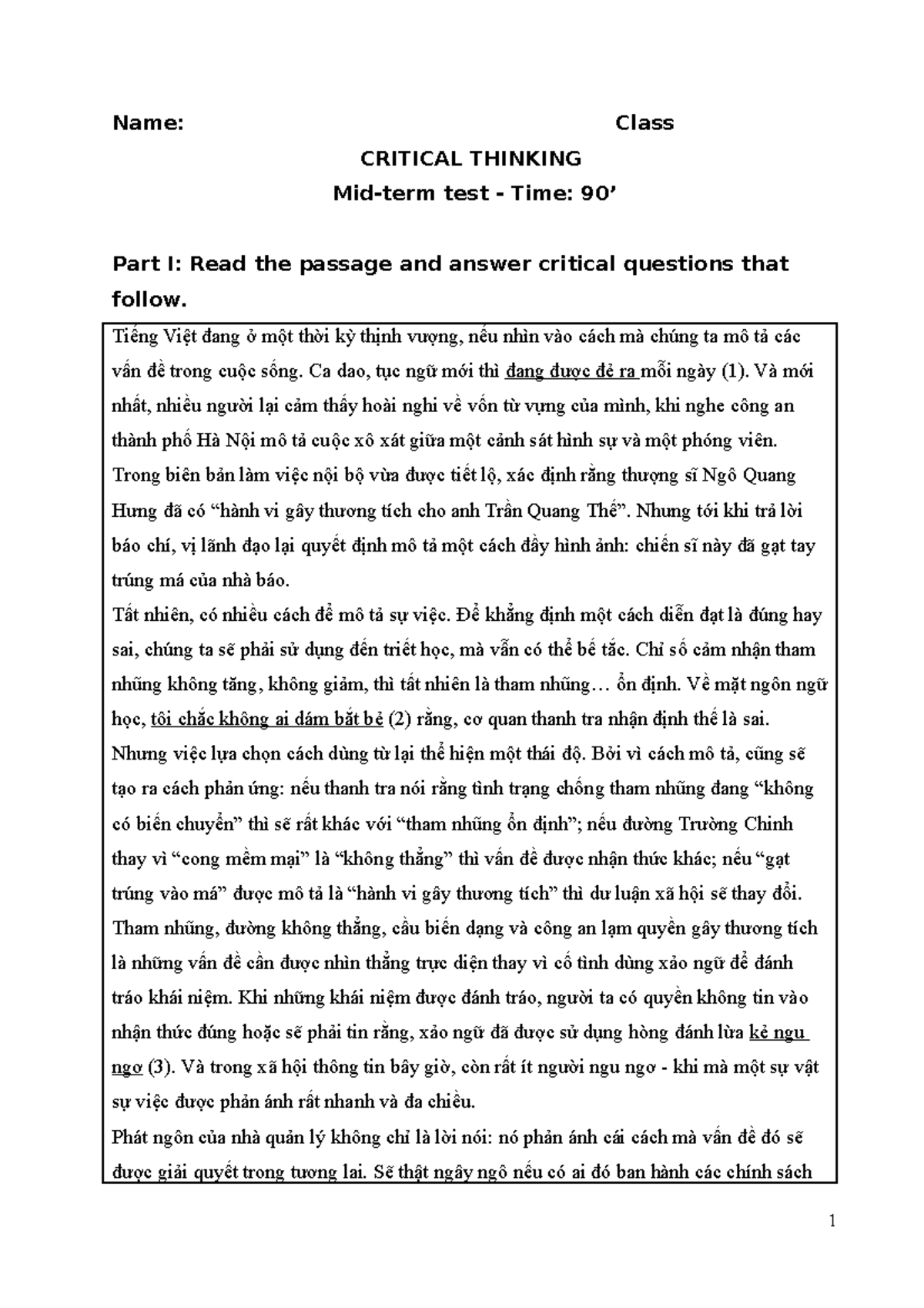 Midterm Test 2 Sample - Critical Thinking Mock Test - Studocu