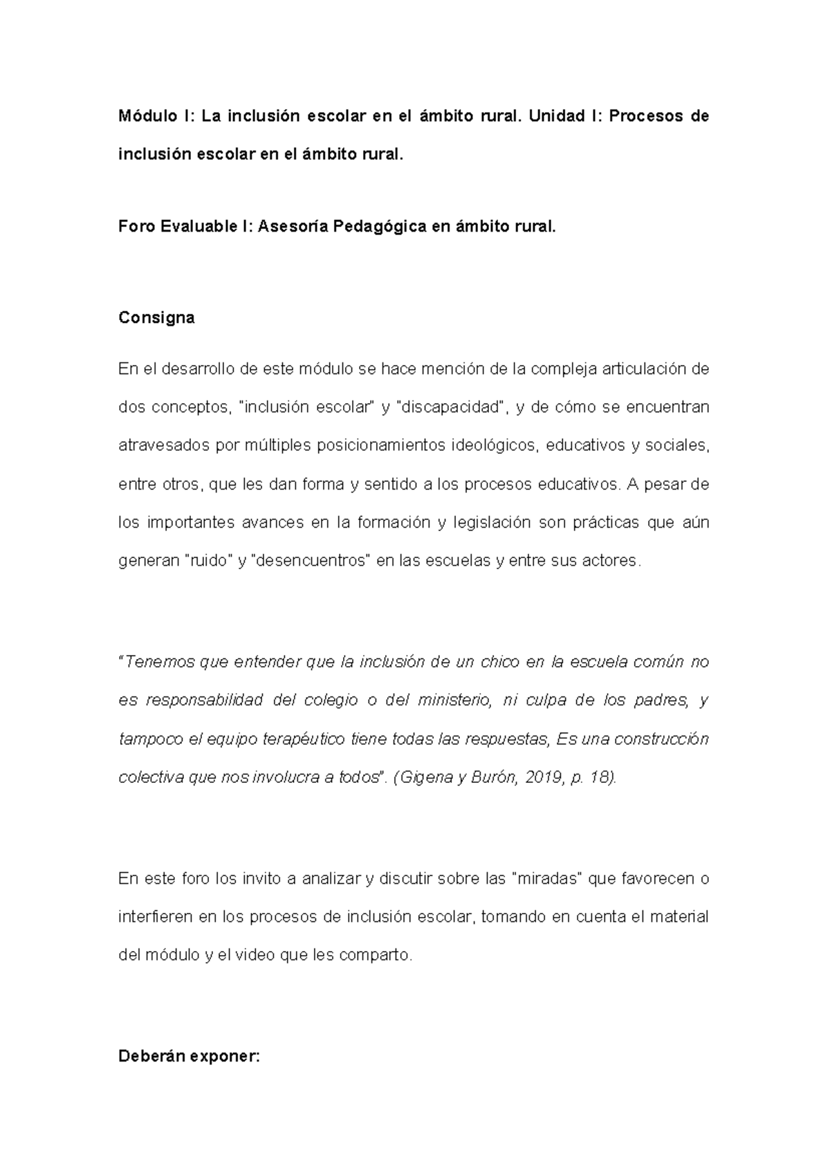 Módulo I: Inclusión Escolar en Contextos Rurales - Foro Evaluable I ...