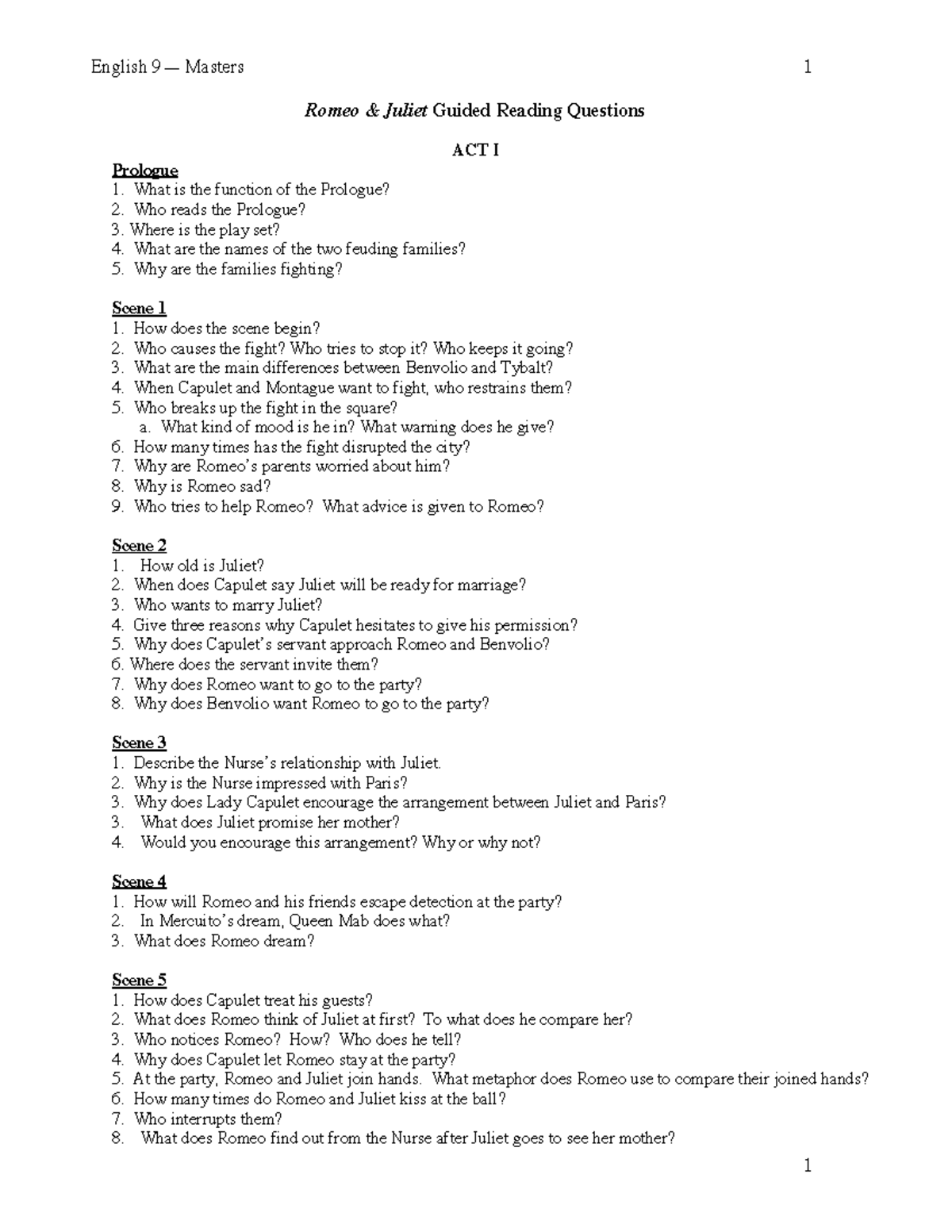 Guided Reading Questions for Romeo & Juliet - Eng 101 - Studocu