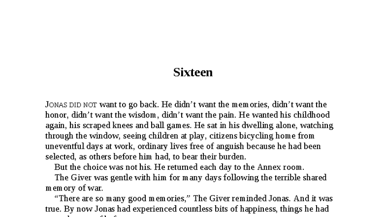 The Giver (Chapter 16) - Jonas's Journey of Memories and Emotions - Studocu