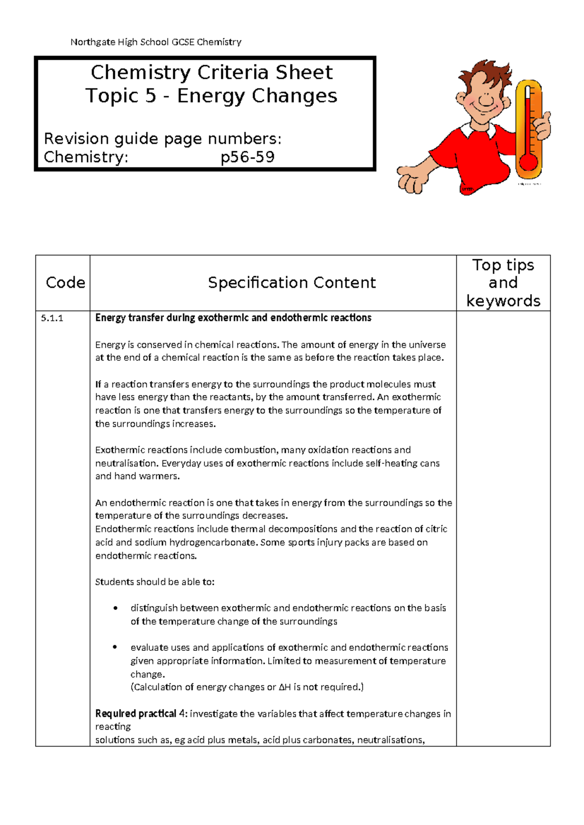 Northgate High School GCSE Chemistry: Topic 5 - Energy Changes Revision ...