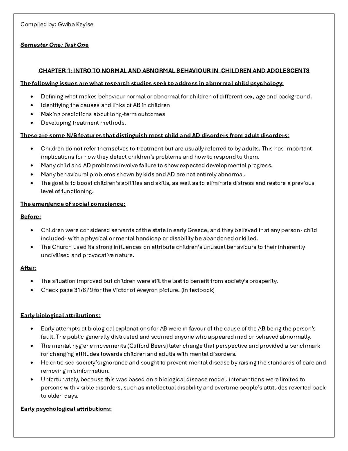 Semester One: Test One - Intro to Abnormal Behavior in Children - Studocu