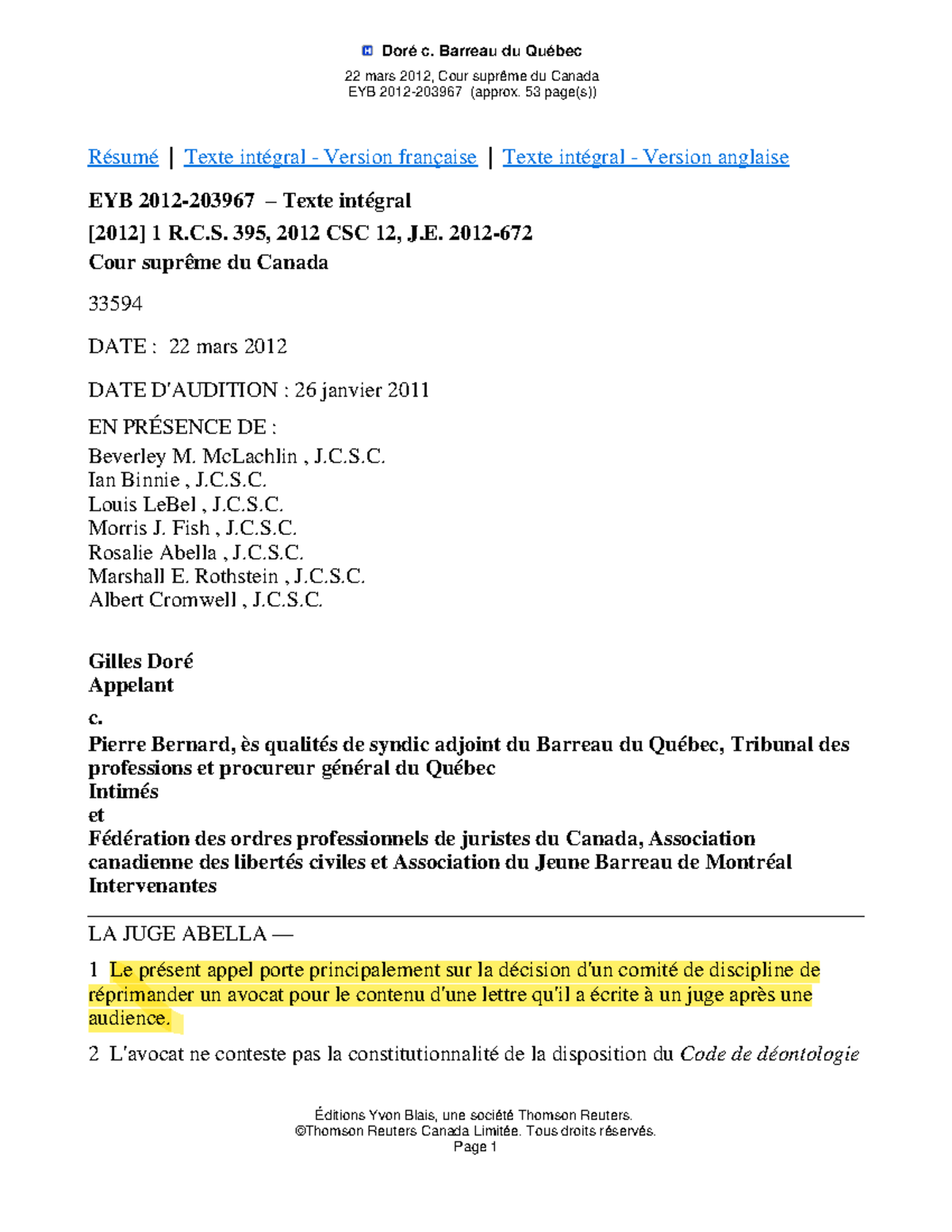 Doré c. Barreau du Québec - Résumé | Texte intégral - Version française ...