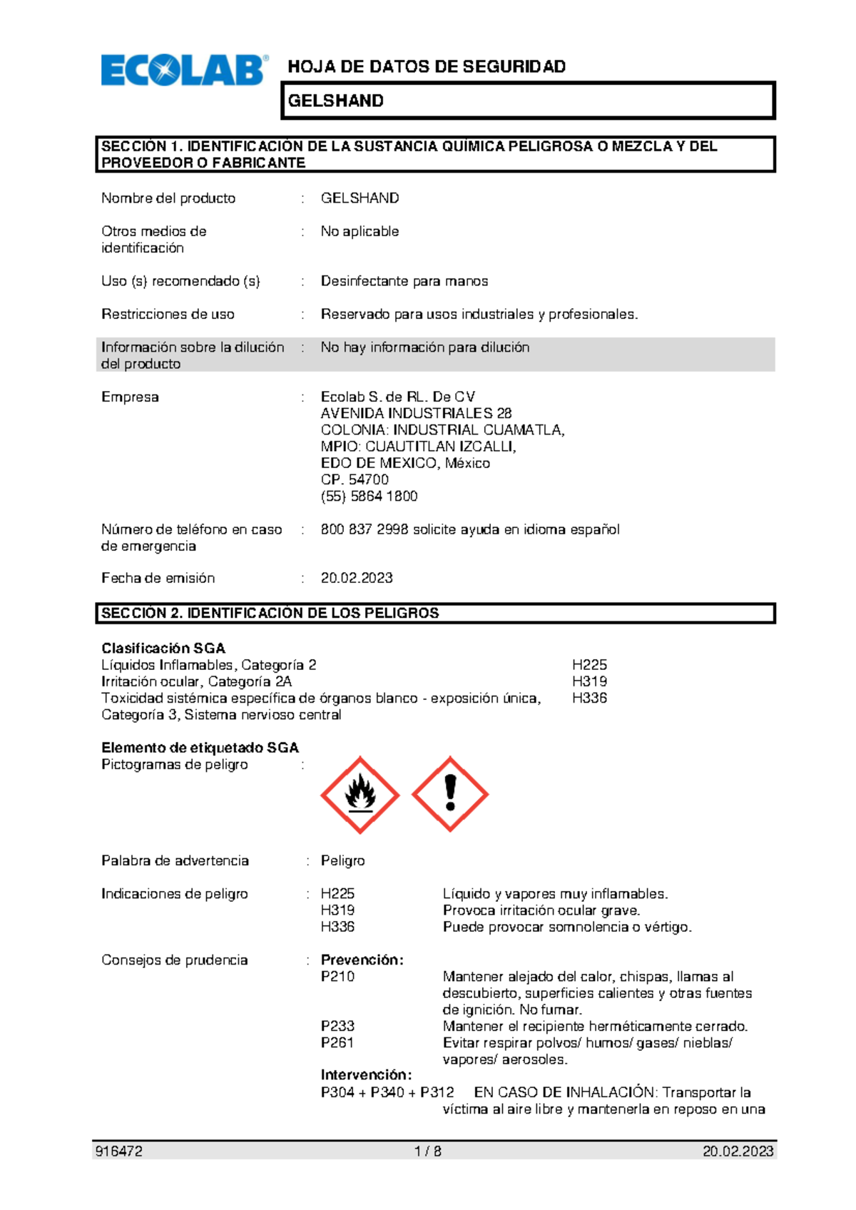 Hoja de Seguridad de Gelshand - Ecolab (SDS) - Studocu