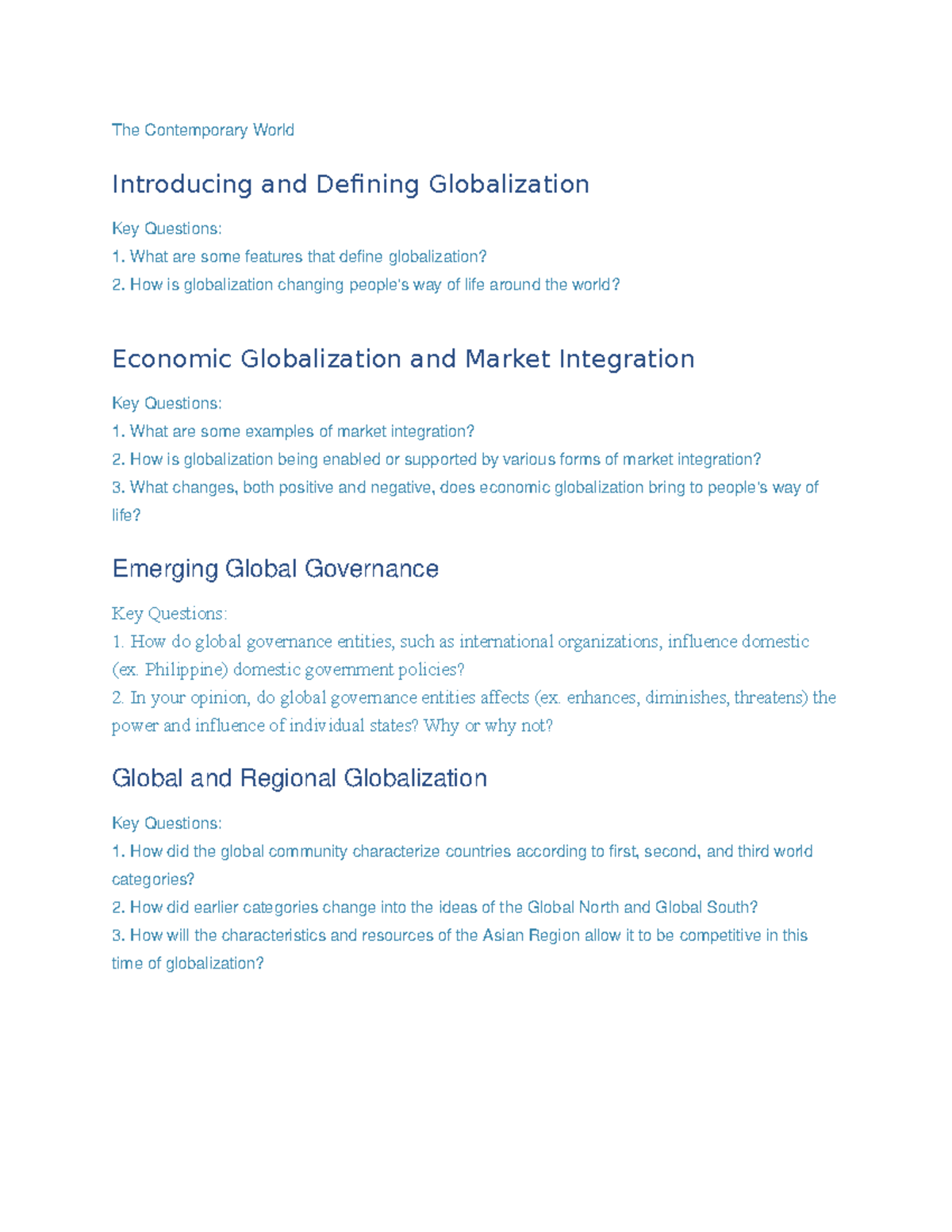 Key Questions The Contemporary World - The Contemporary World ...