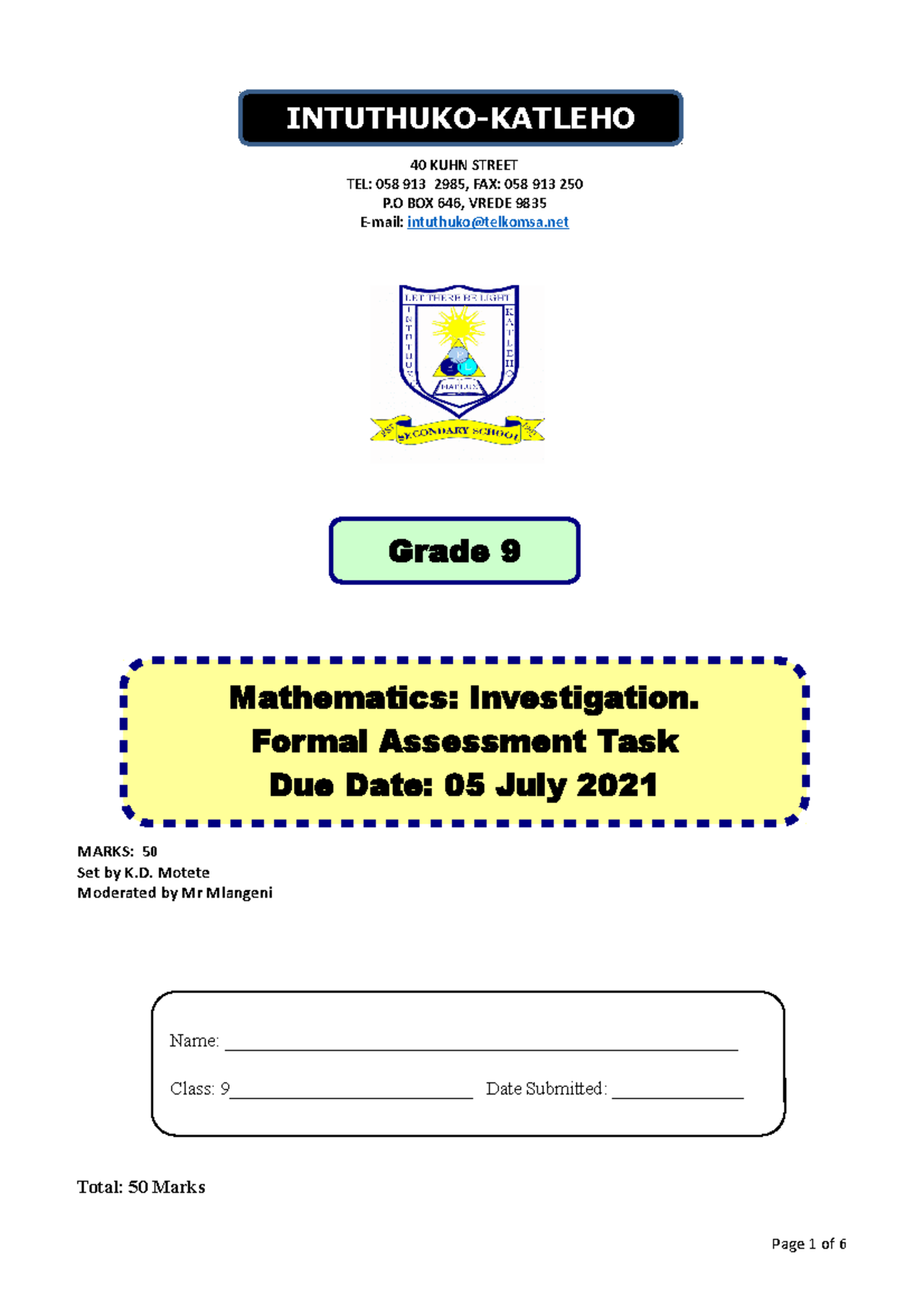Grade 9 Mathematics Investigation June 2021 - Formal Assessment Task ...