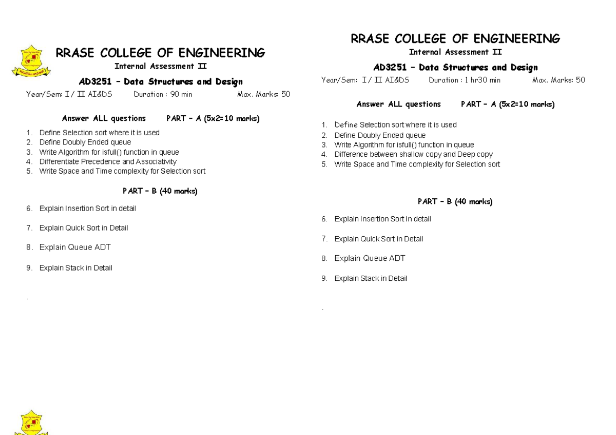 AD3251 Internal Assessment II: Data Structures & Design - Studocu