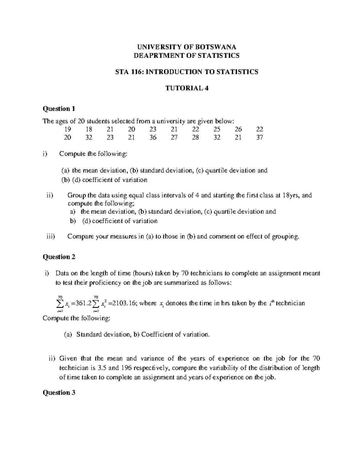 STA 116: Tutorial 4 - Statistics Measures & Data Analysis - Studocu
