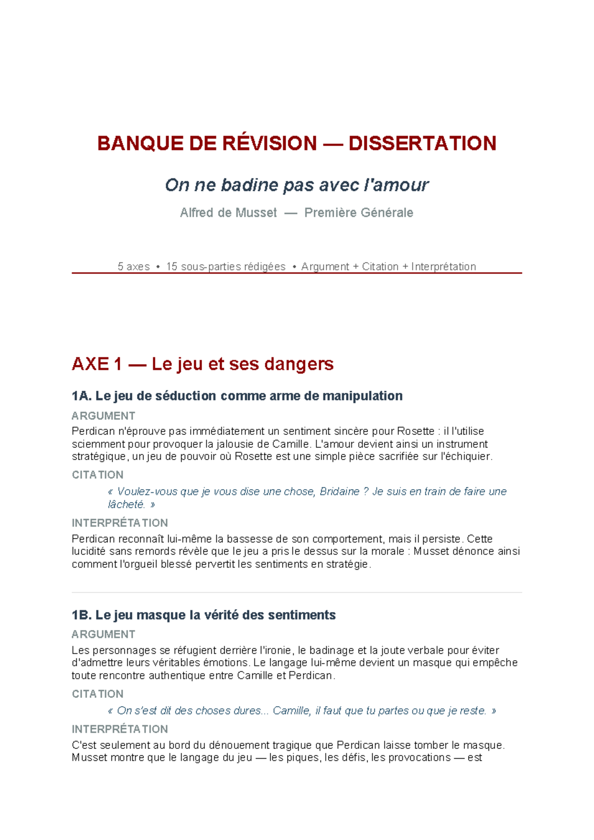 BANQUE DE RÉVISION DISSERTATION : Analyse de "On ne badine pas avec l ...